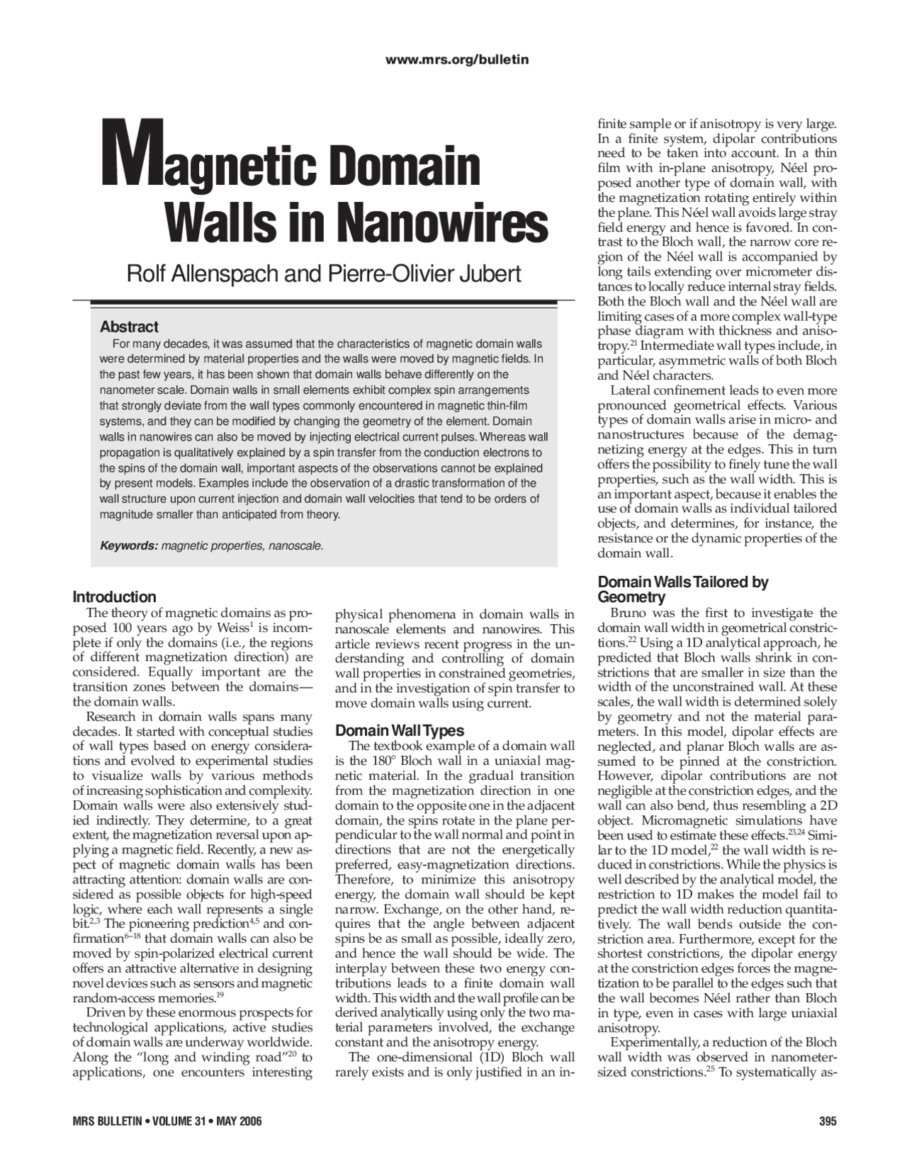 Magnetic Domain Walls in Nanowires - Tutorial - Paper | PHYS 99 - Docsity