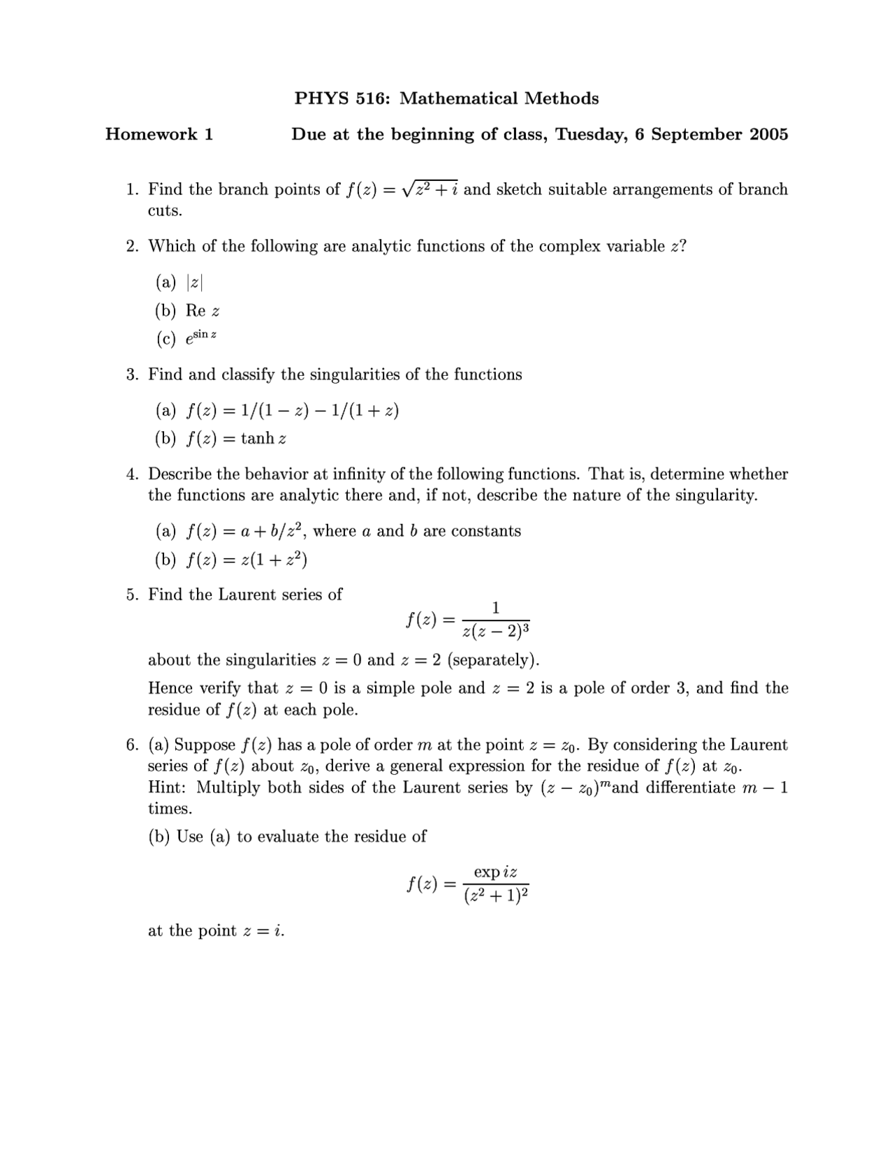 Homework 1 Questions For Mathematical Methods Phys 516 Docsity