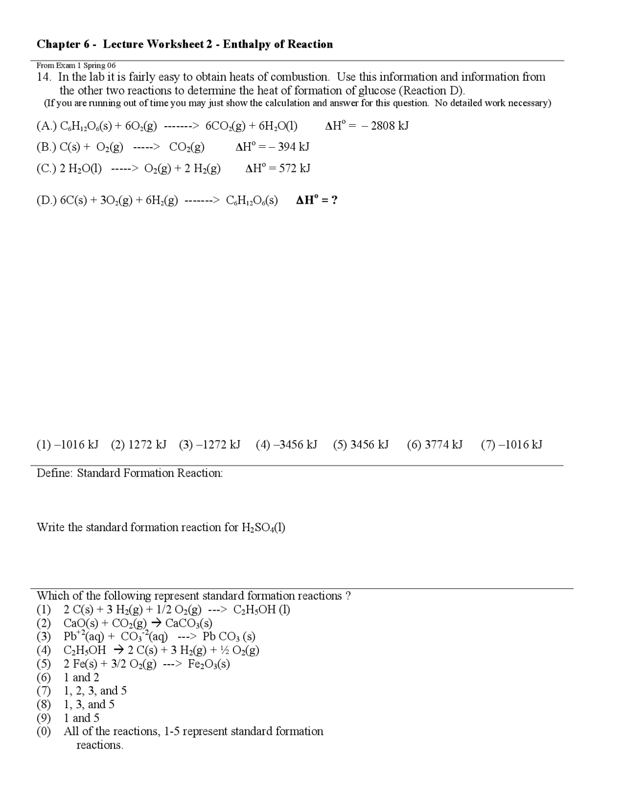 Enthalpy of Reaction - Lecture Worksheet 2 | CHEM 122 - Docsity