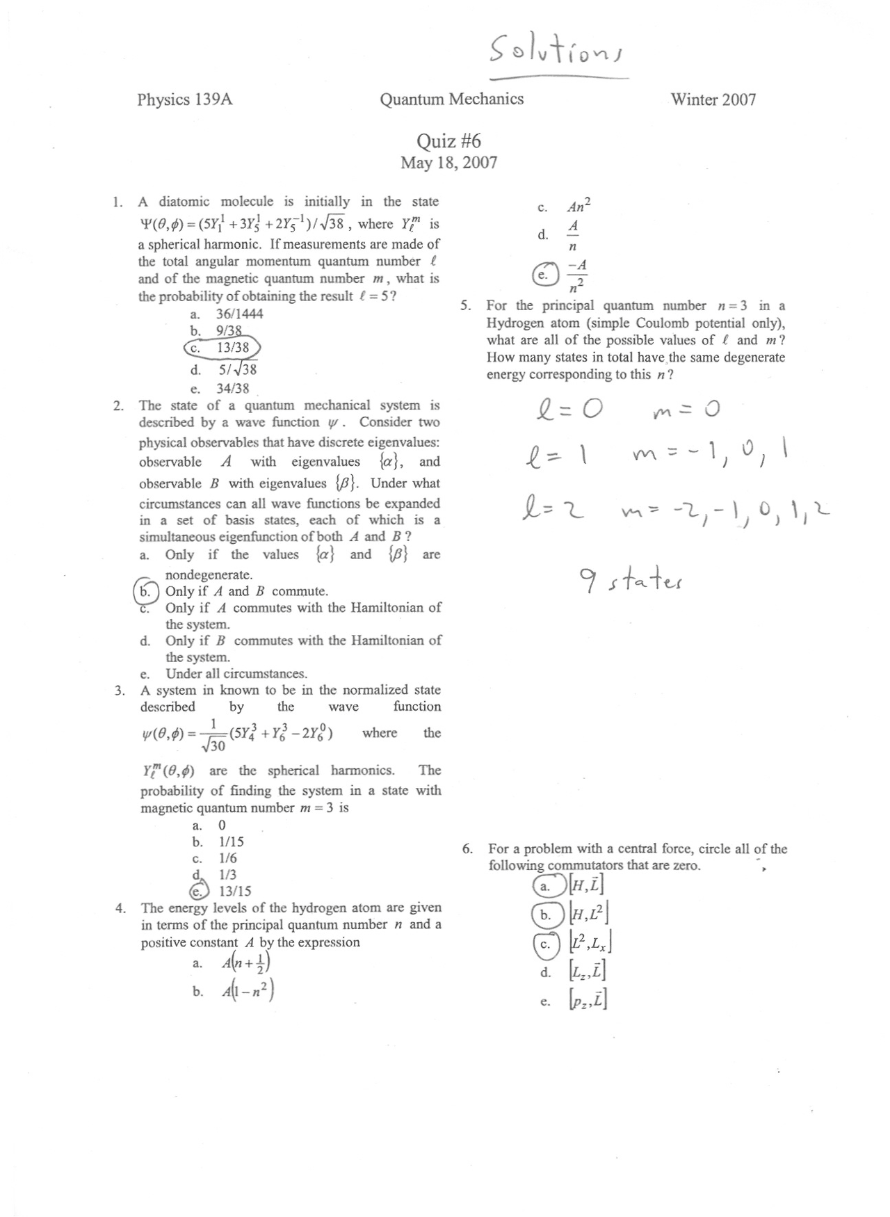Quantum Mechanics - Quiz Solution | PHYS 139 - Docsity