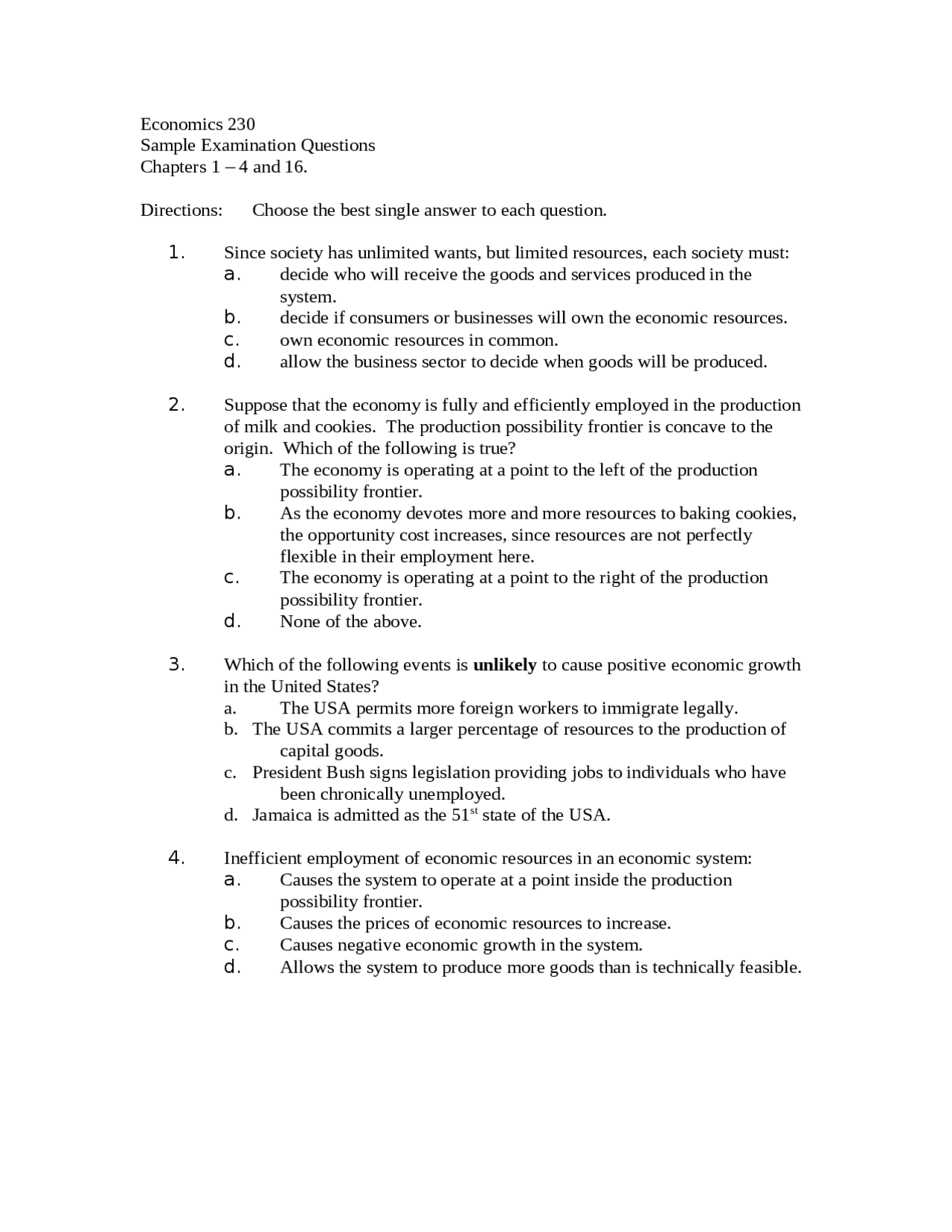 Sample Exam Questions Principles Of Microeconomics Eco 230 Docsity