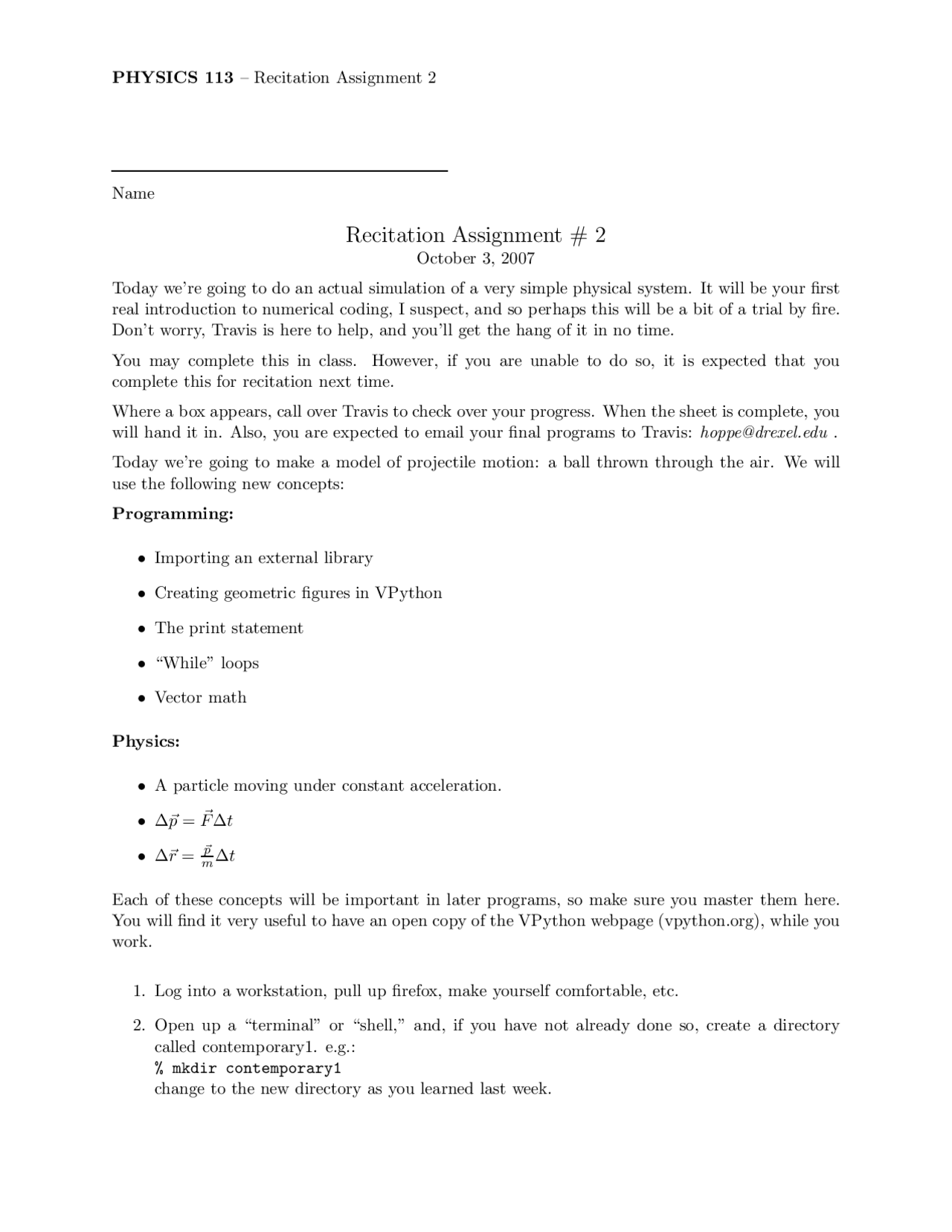 Recitation Assignment 2 on Model of Projectile Motion | PHYS 113 - Docsity