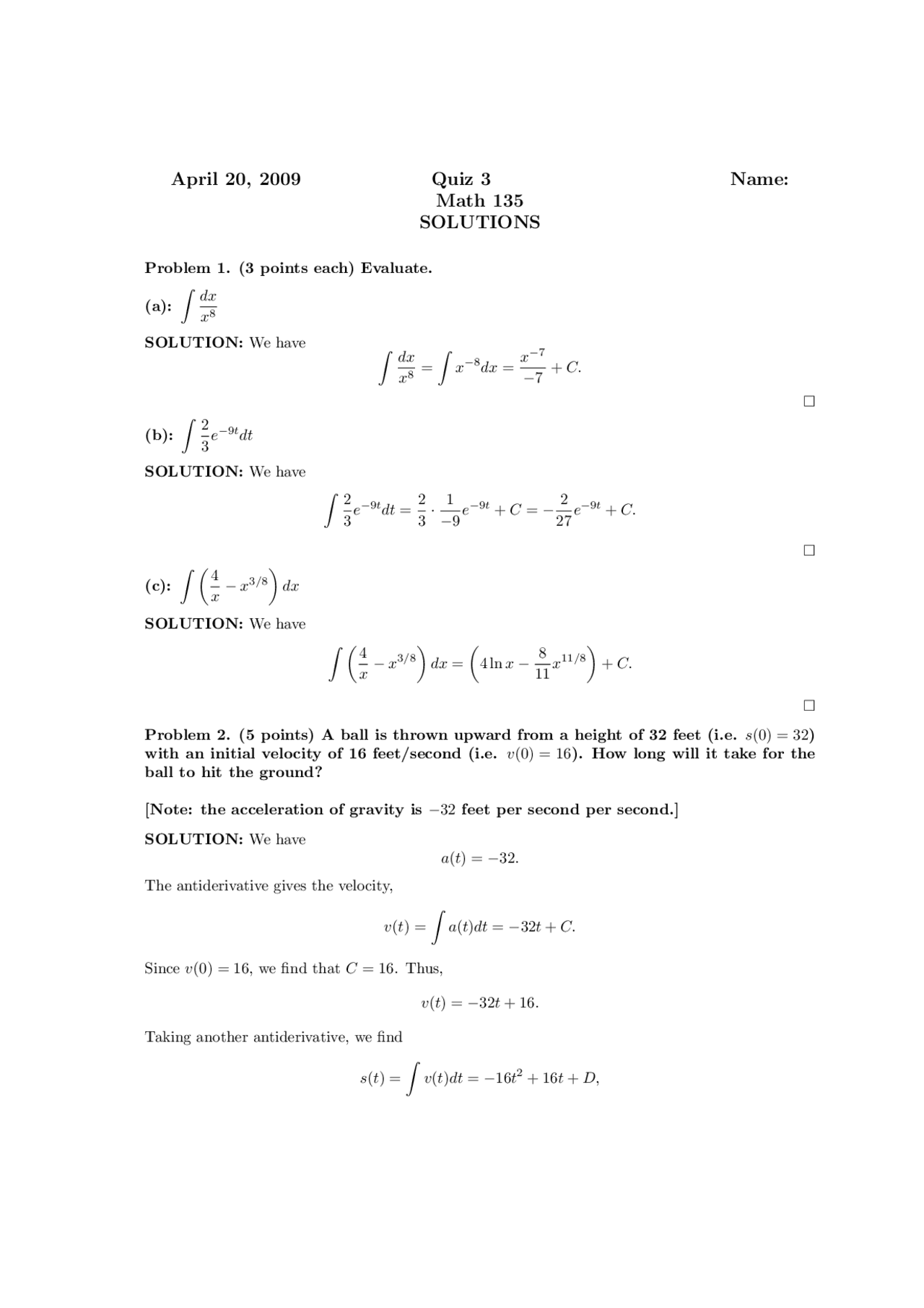 Quiz 3 With Solutions Business Calculus Math 135 Docsity