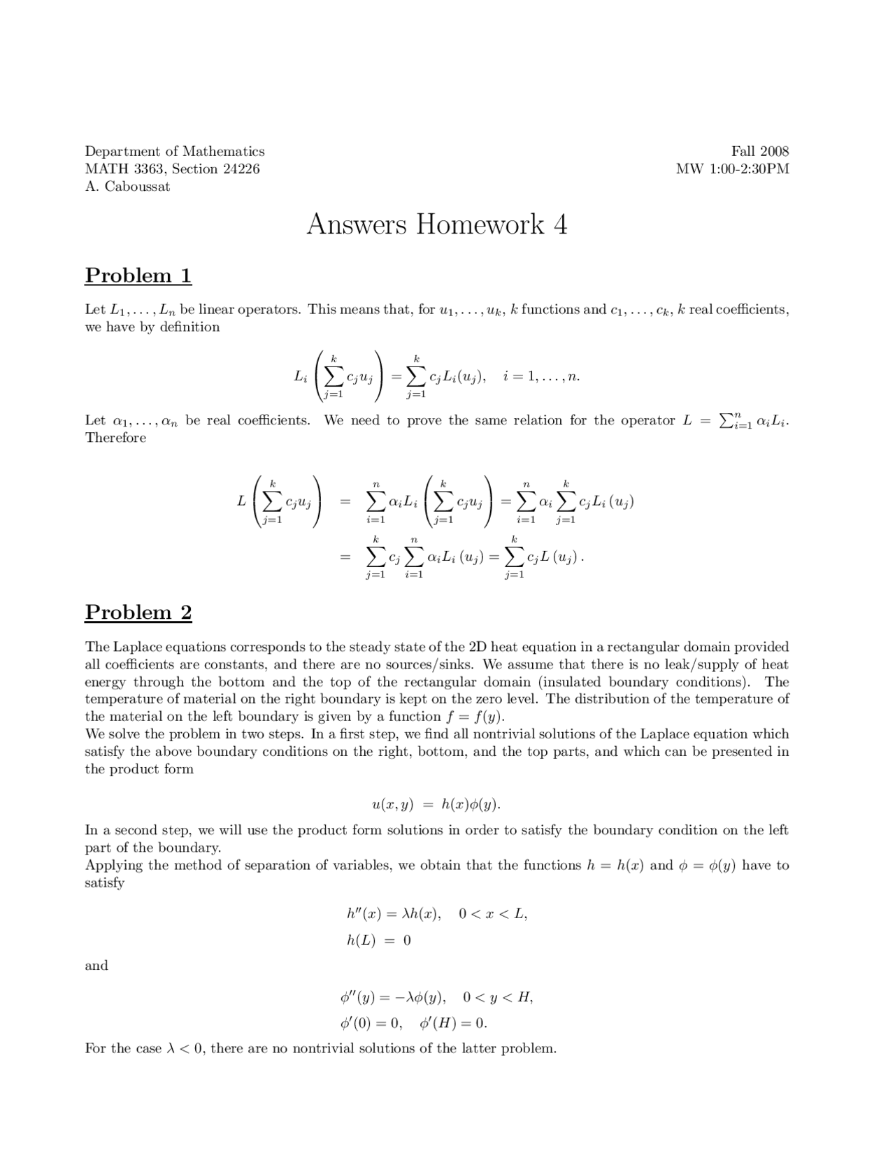 4 Solved Problems on Laplace Equations and Linear Operators | MATH 3363 - Docsity
