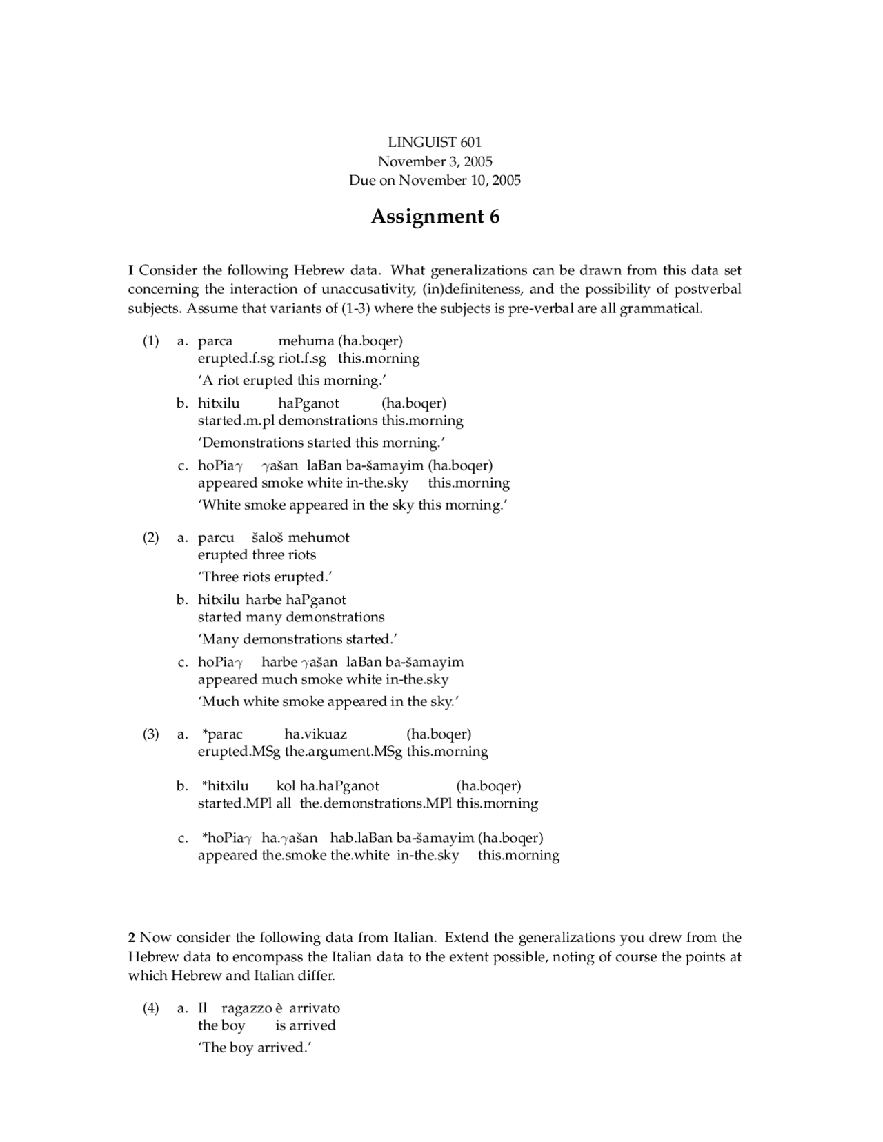 Assignment 6 Introduction To Transformational Grammar Linguist 601