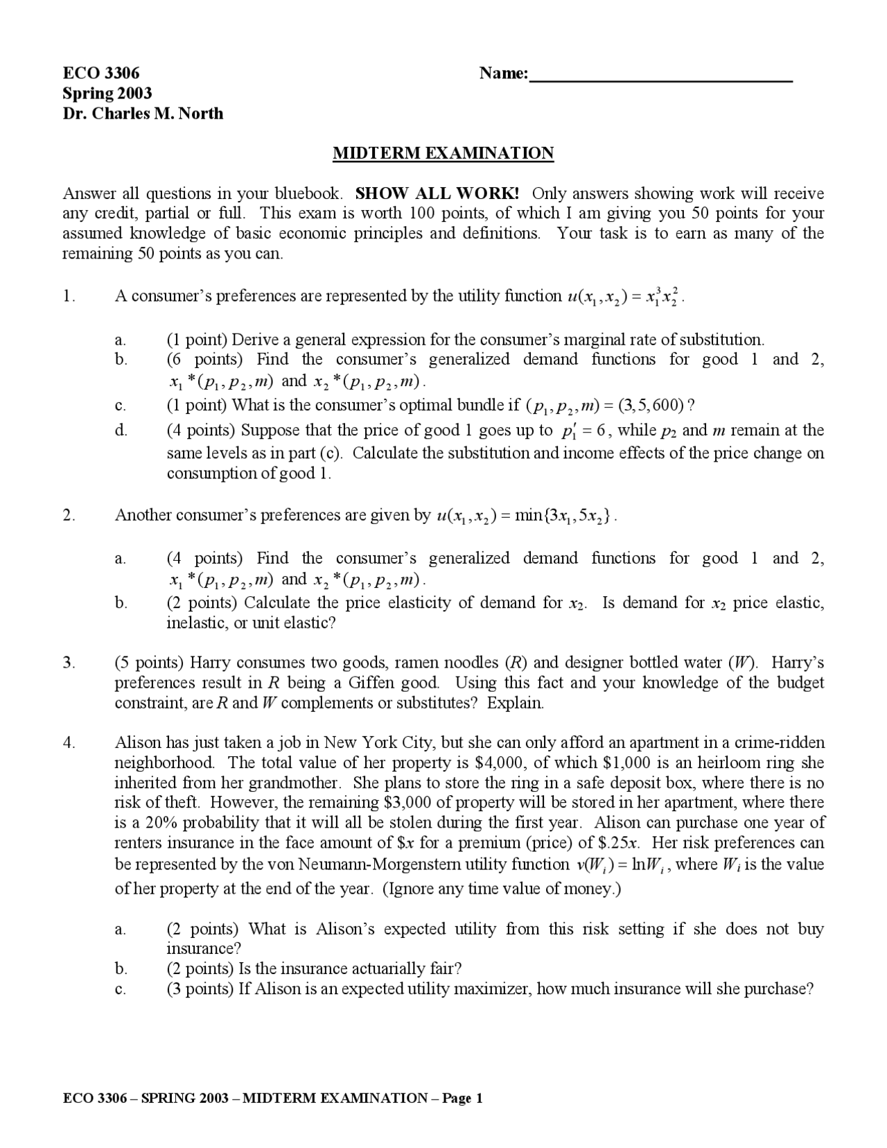 Consumers Preferences Midterm Exam Intermediate Microeconomic