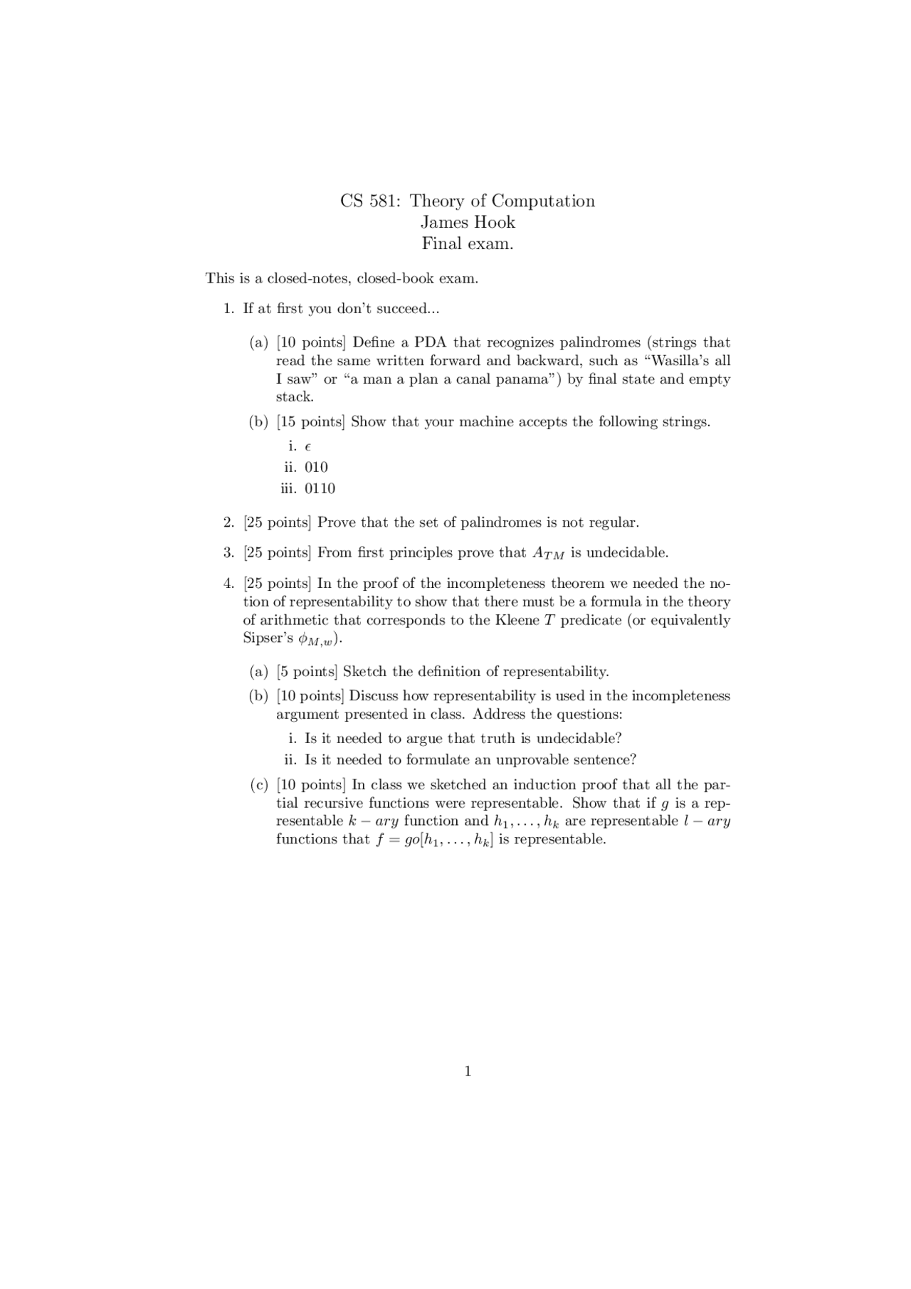 Final Exam With 4 Questions Theory Computation Cs 581 Docsity