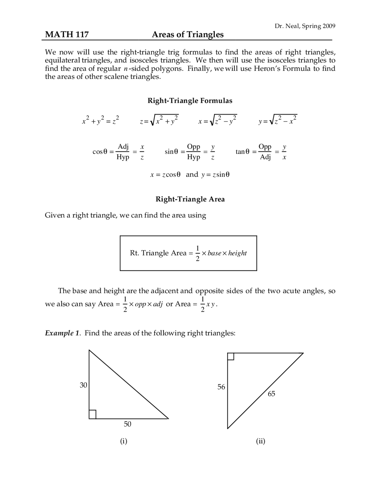 Areas Of Triangles Lecture Notes Math 117 Docsity