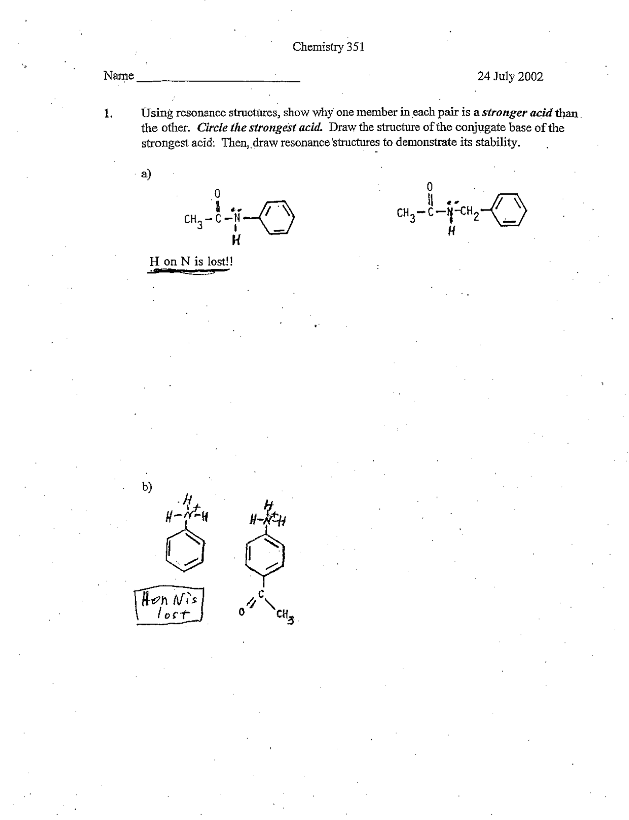 11 Problems On The Resonance Structures Exam 4 Chem 351 Docsity