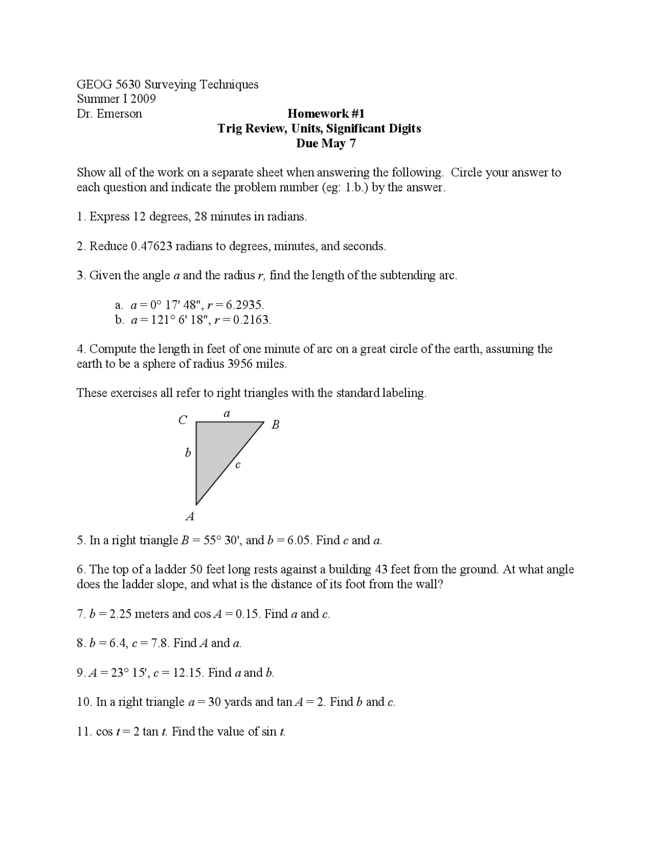 Trigonometry Review Units Significant Digits Homework 1 Geog 5630