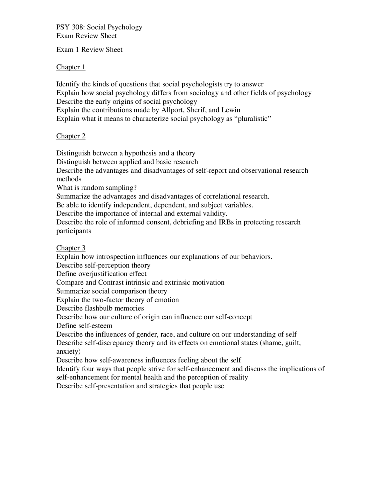 Exam 1 Review Sheet - Social Psychology | PSY 308 - Docsity