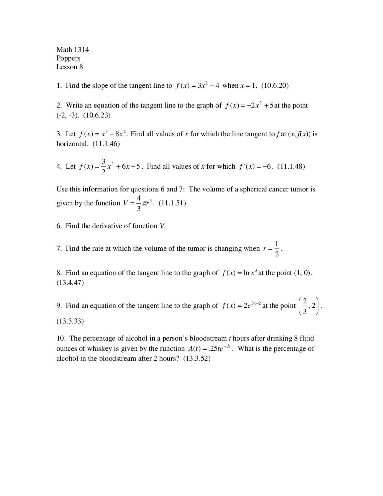 10 Questions On Slope Of Tangent Lines Assignment Math 1314 Docsity