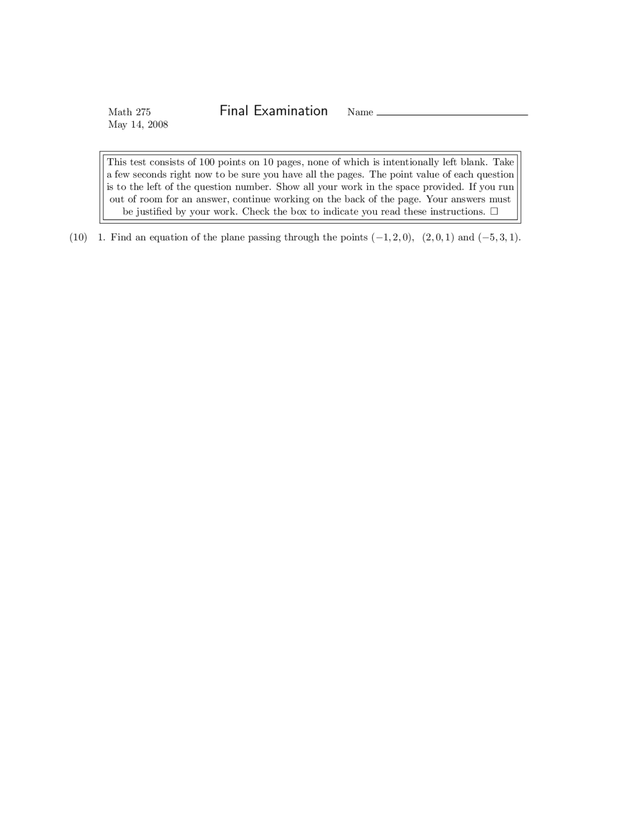 Final Exam Questions Multivariable And Vector Calculus 2008 Math