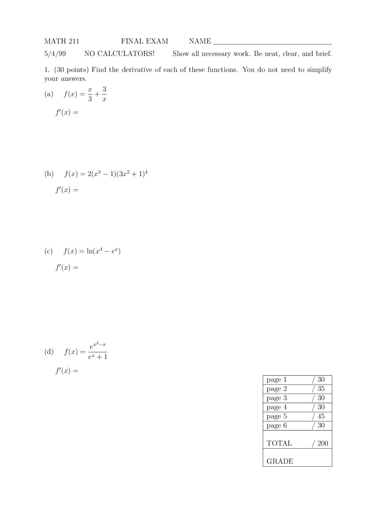 Practice Final Exam - Calculus For Business and Social Science | MATH 211 - Docsity