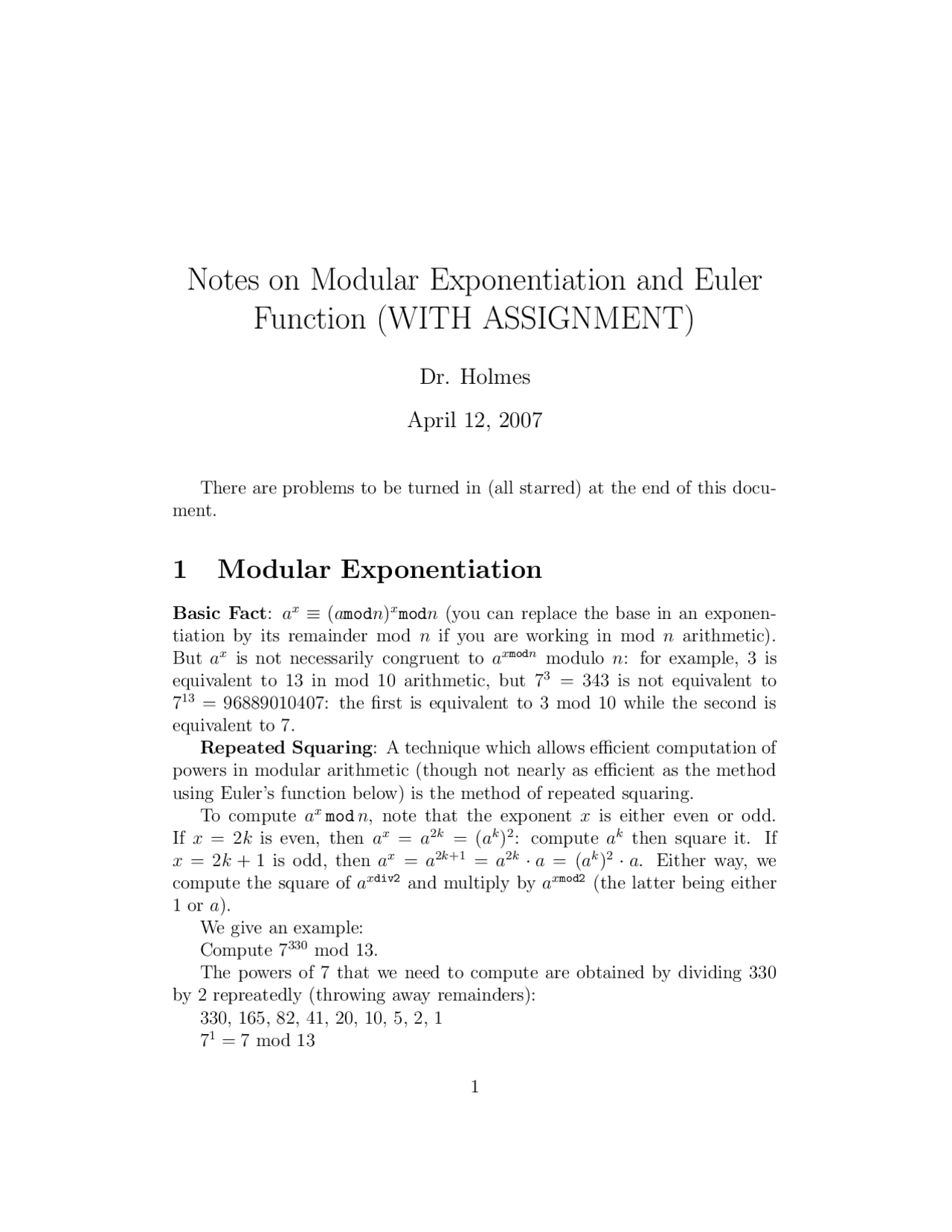 Notes On Modular Exponentiation And Euler Functions Math 187 Docsity