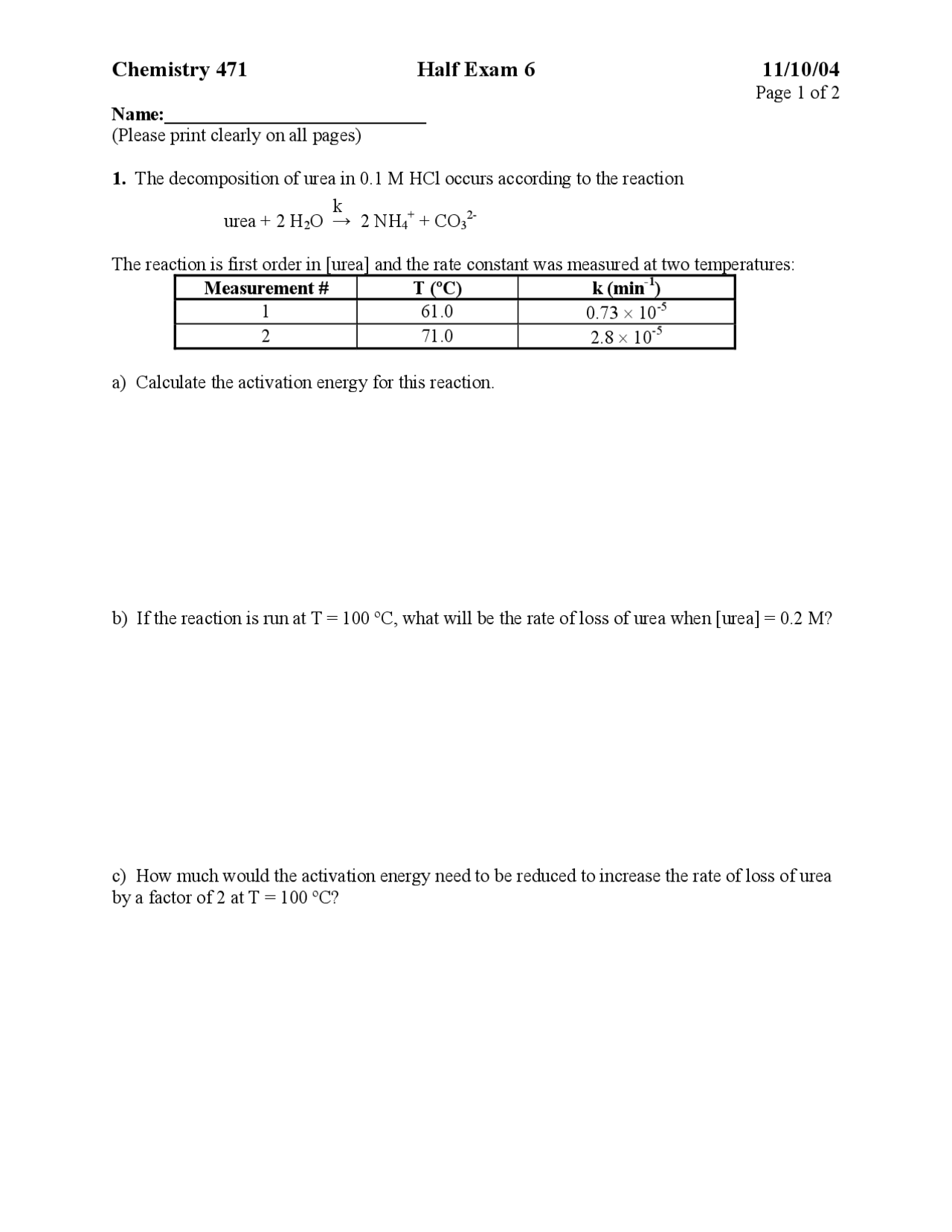 Half Exam For Elementary Physical Chemistry Chem 471 Docsity