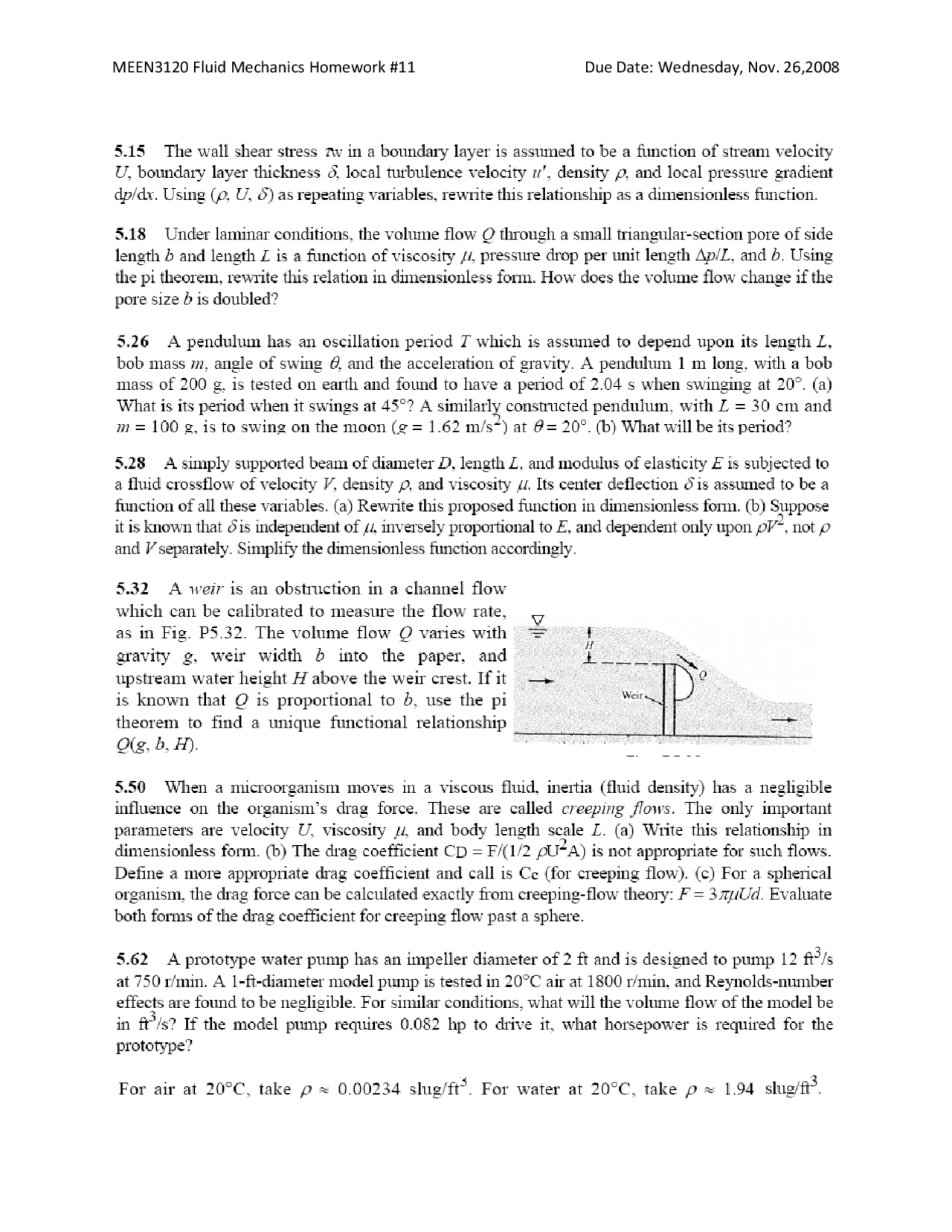 Assignment: Laminar Flow - Fluid Mechanics - Homework #11 | MEEN 3120 - Docsity