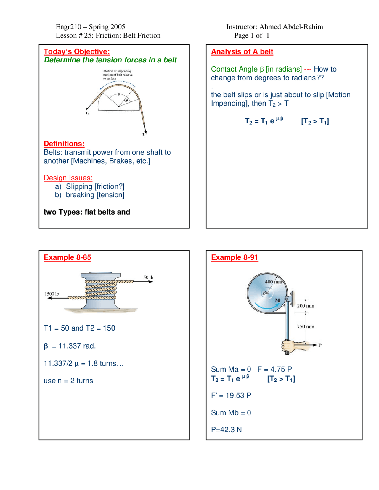 Belt Friction - Engineering Statics - Lecture Slides | ENGR 210 - Docsity