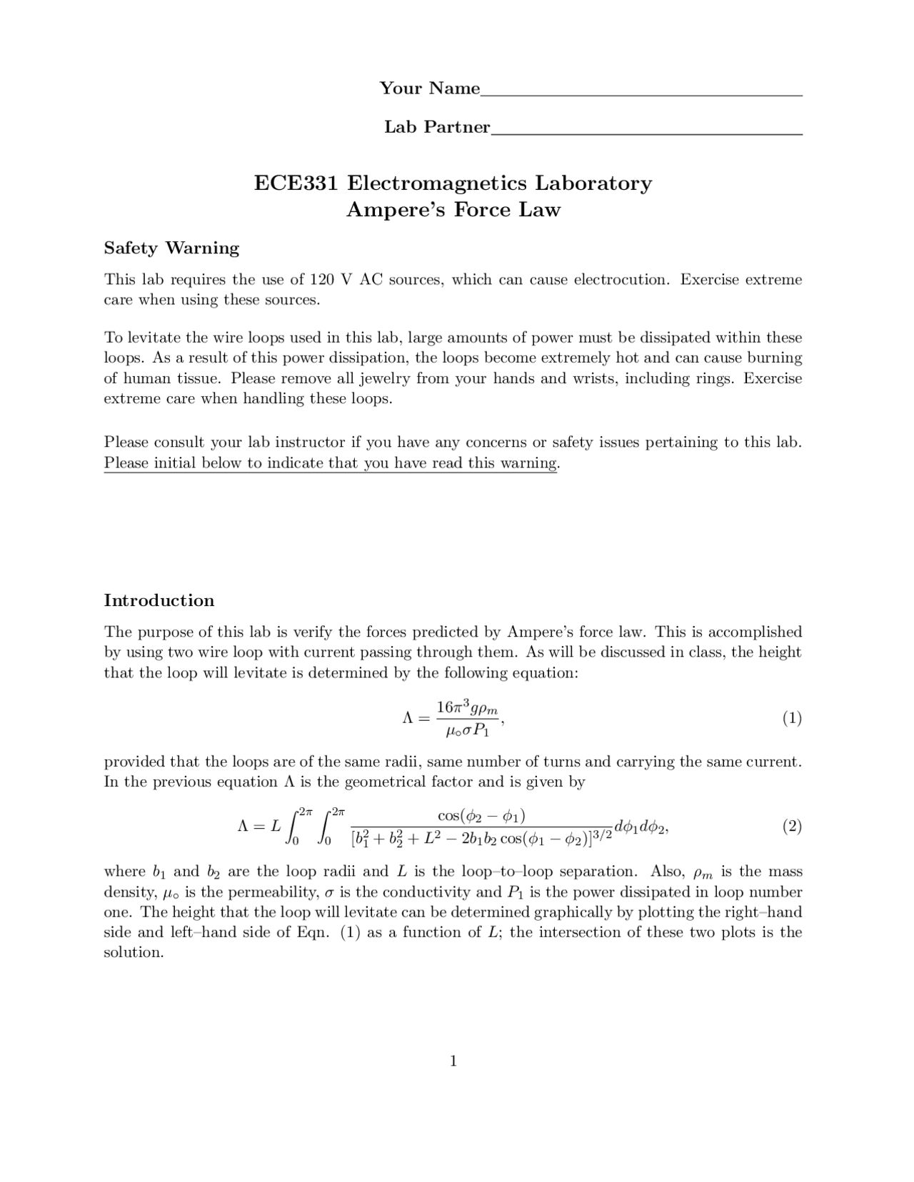 Amperes Force Law Electromagnetics Laboratory Ece 331 Docsity