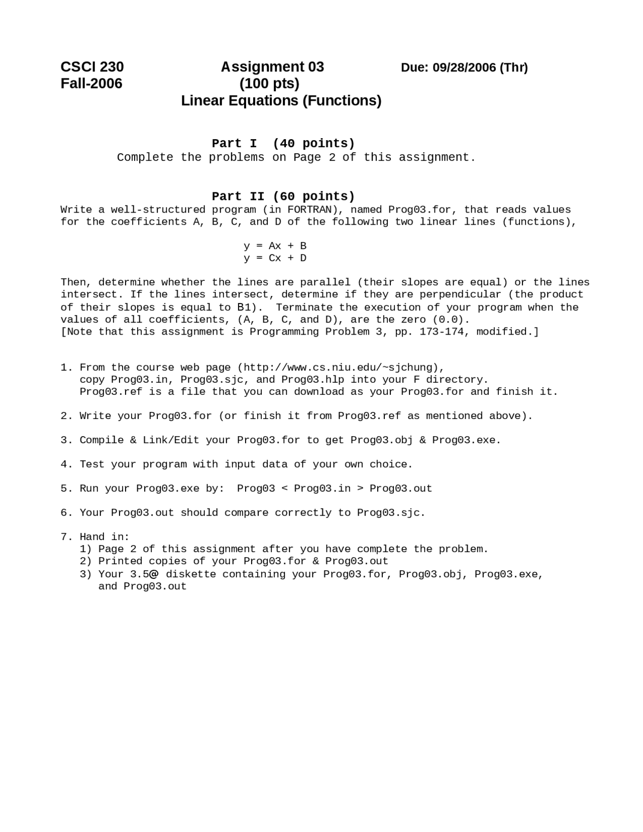 Linear Equations Assignment 03 in CSCI 230 Fall-2006 | Assignments Computer Science | Docsity
