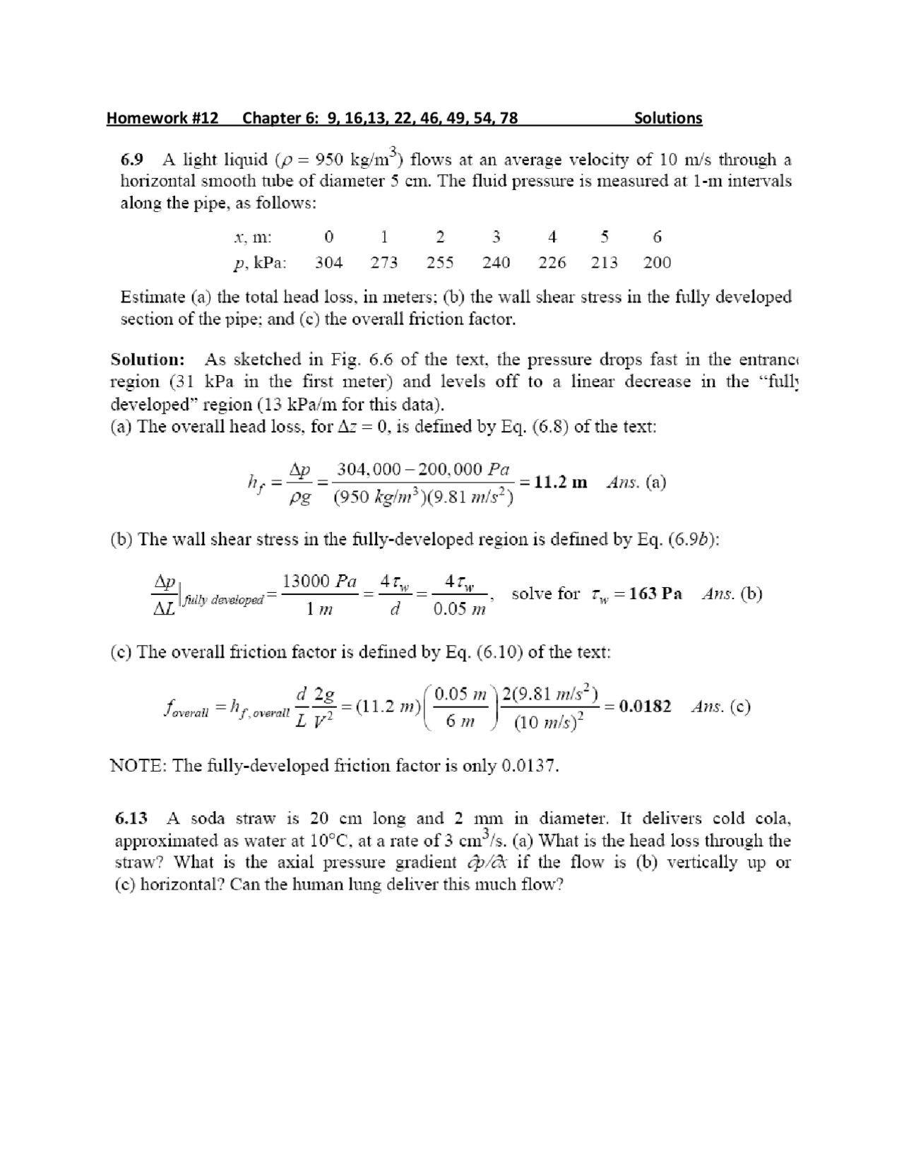 10 Problems with Solutions on Fluid Mechanics - Assignment 12 | MEEN 3120 - Docsity