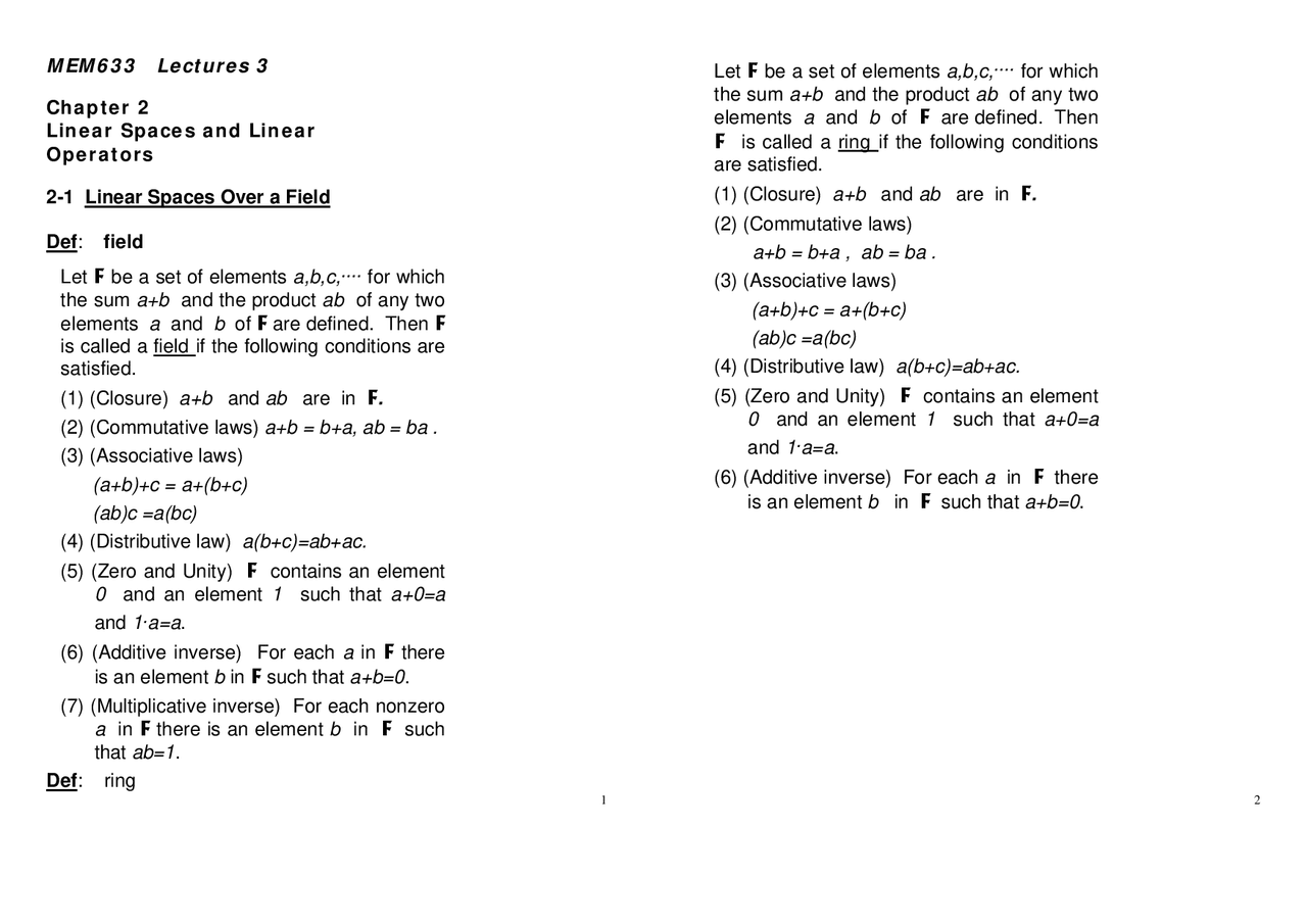 Linear Spaces And Linear Operators Lecture Notes Mem 633 Docsity