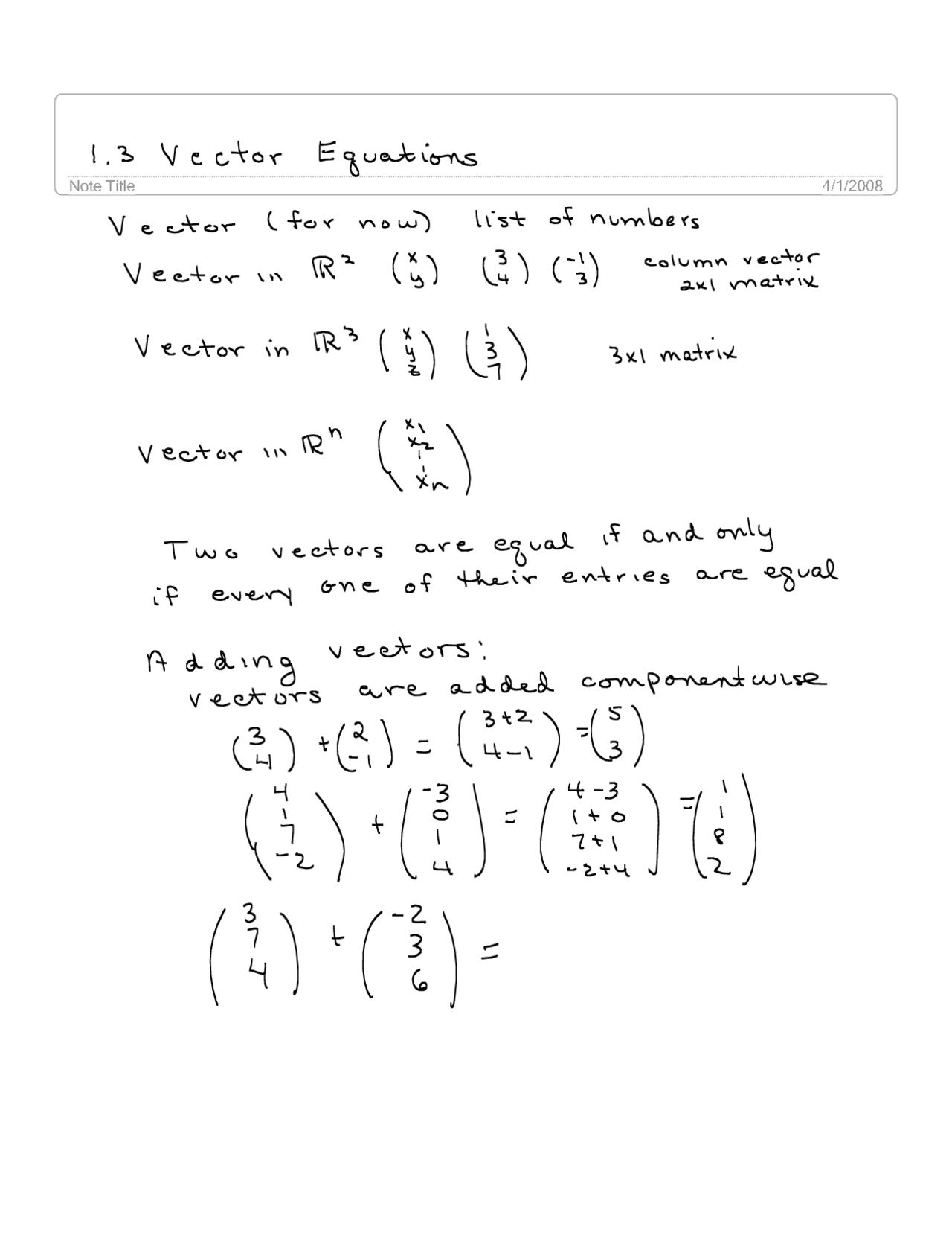 Handout Notes On Vector Equations Math 221 Docsity