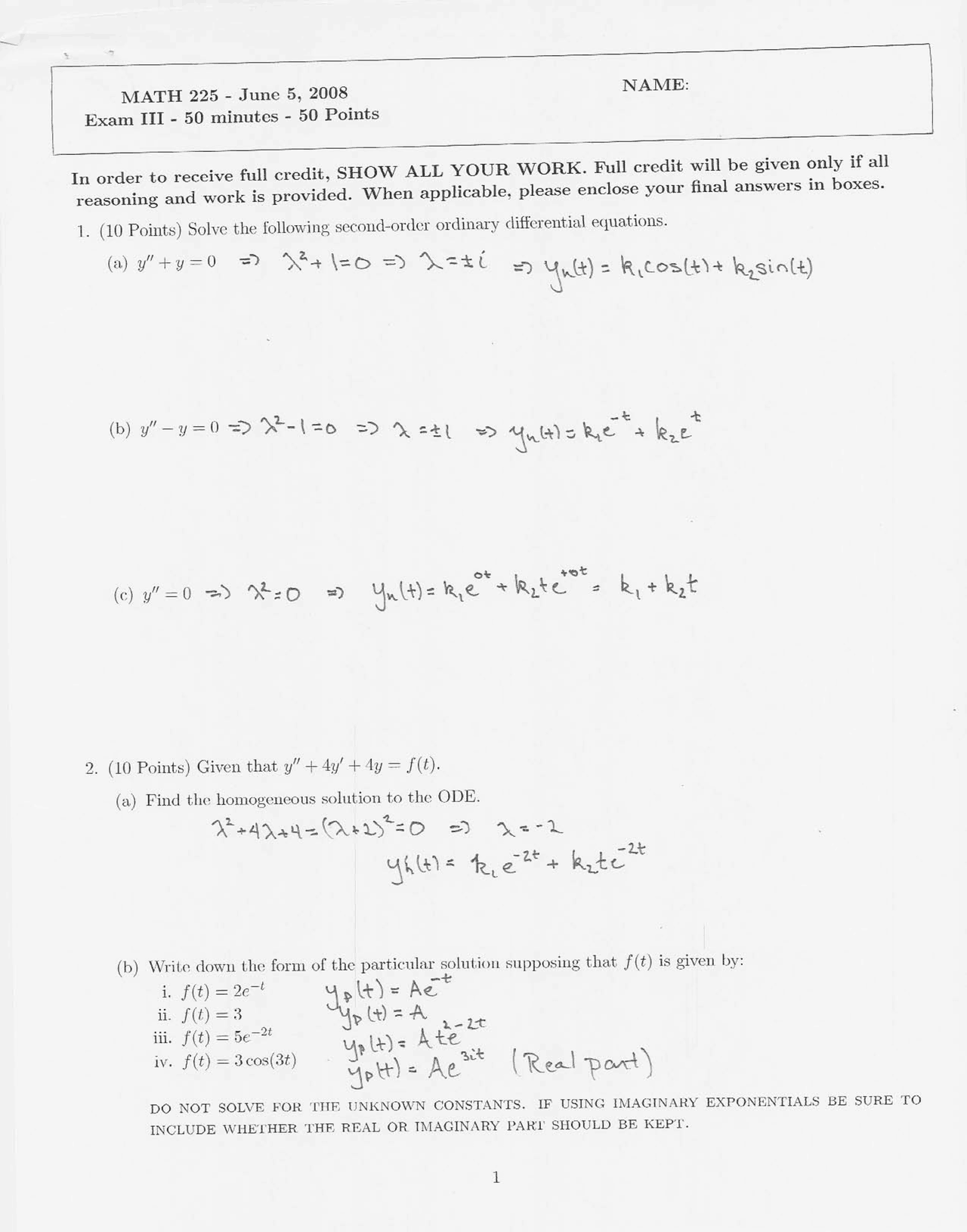 Practice Exam III - Differential Equations - Fall 2008 | MATH 225 ...