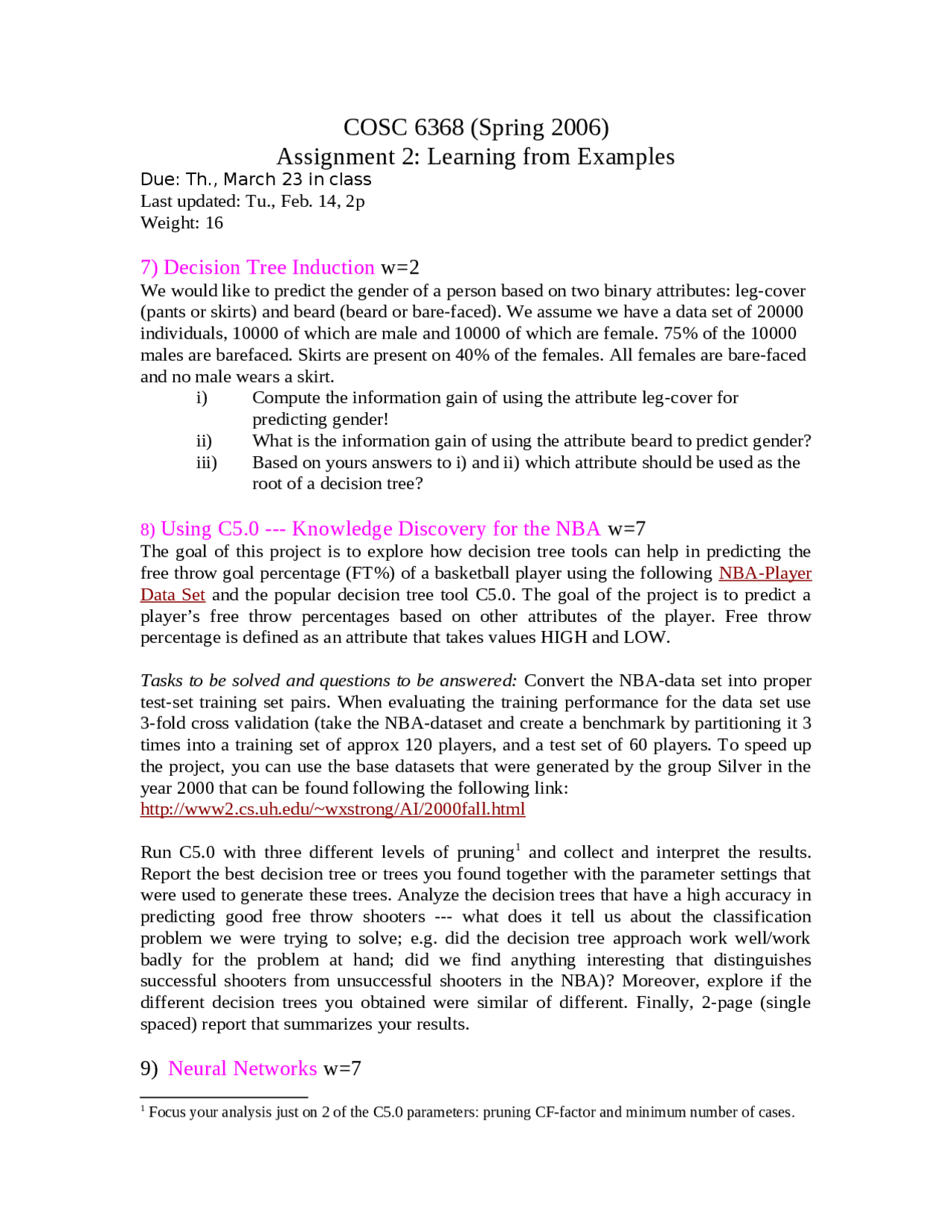 Artificial Intelligence Learning From Examples Assignment 2 Cosc