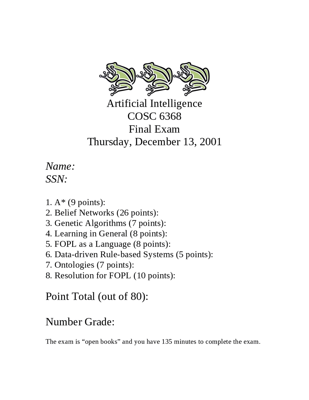 8 Questions On Final Exam Artificial Intelligence Cosc 6368 Docsity