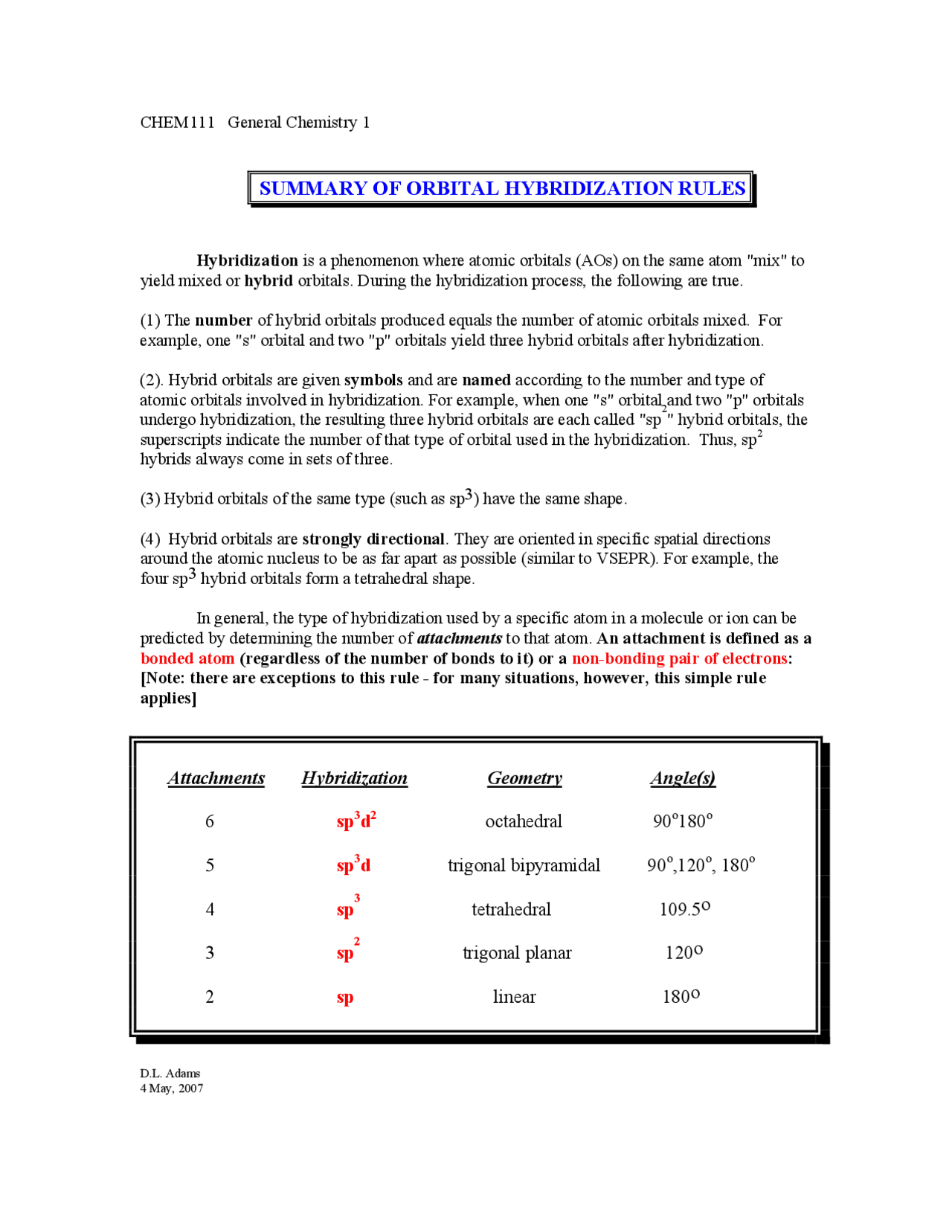 Summary of Orbital Hybridization Rules - Lecture Notes | CHEM 111 - Docsity