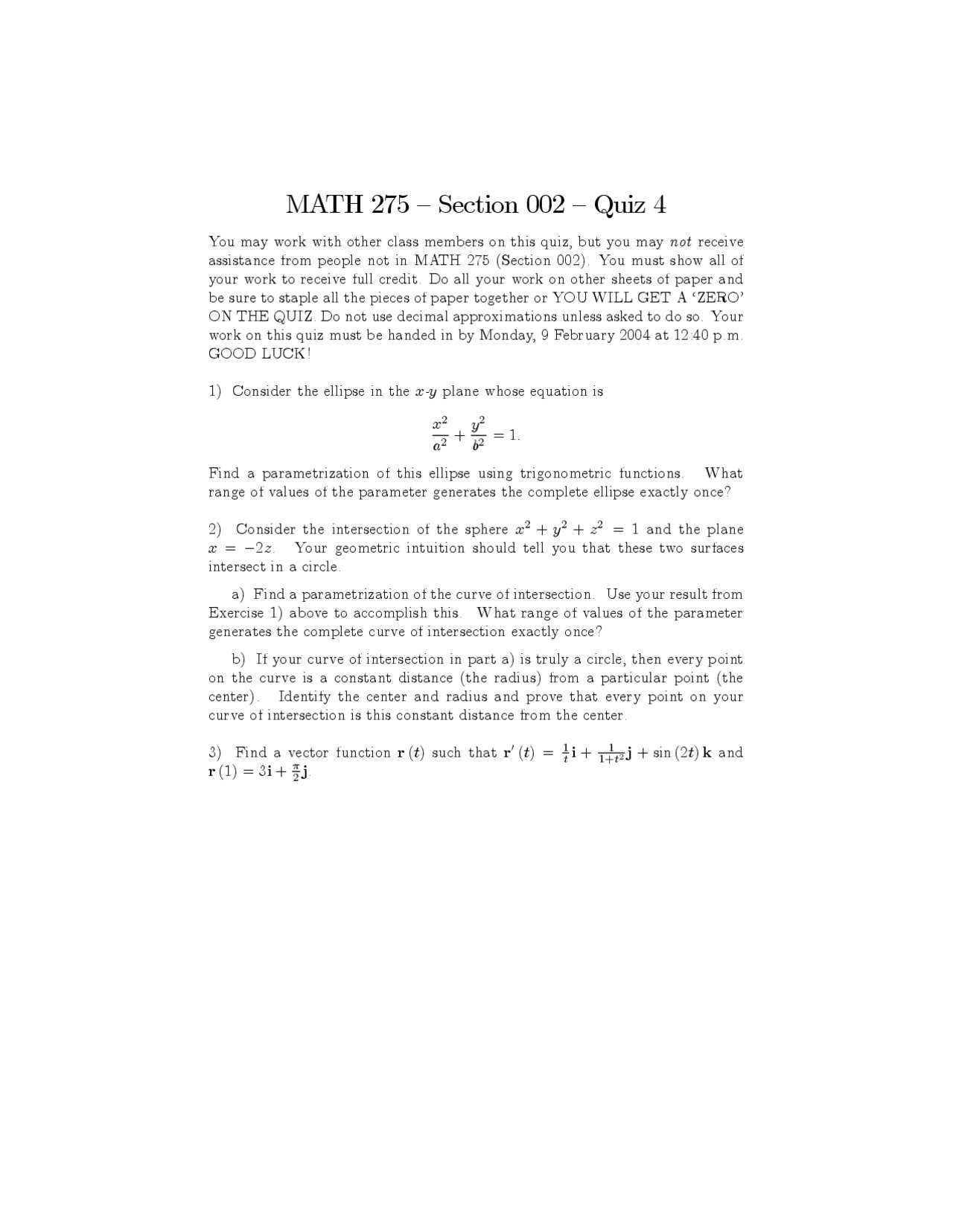 Quiz 4 Practice Multivariable And Vector Calculus Math 275 Docsity
