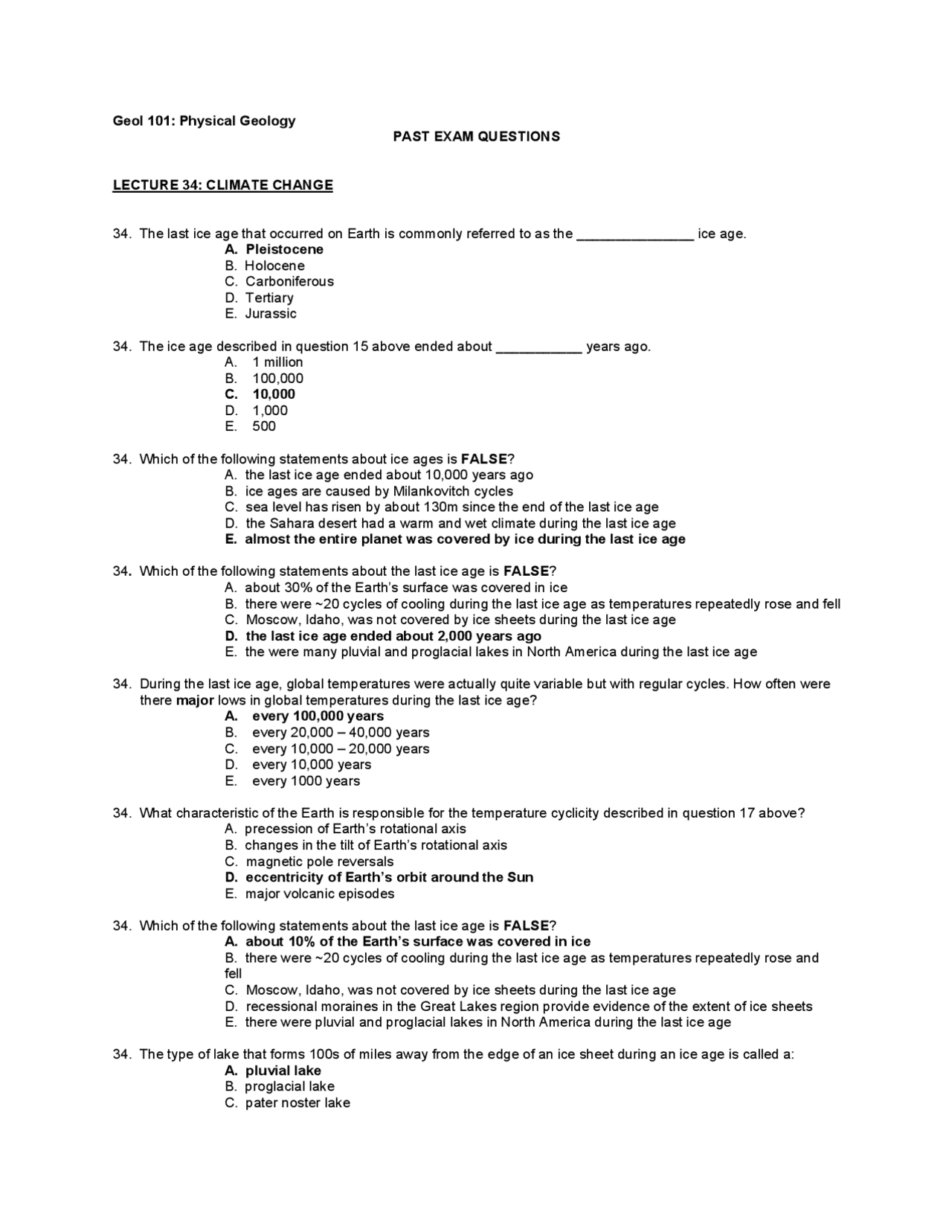34 Solved Multiple Choice Questions In Physical Geology Past Exam