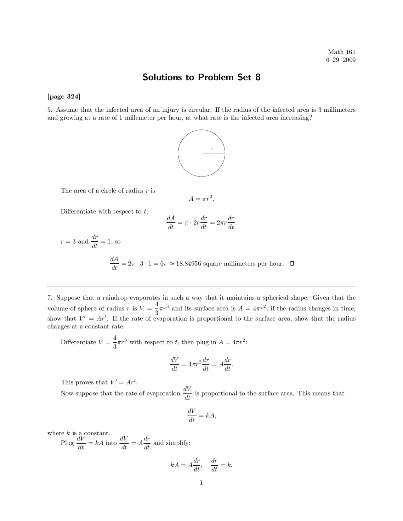 Solutions to Problem Set 8 - Calculus 1 | MATH 161 - Docsity
