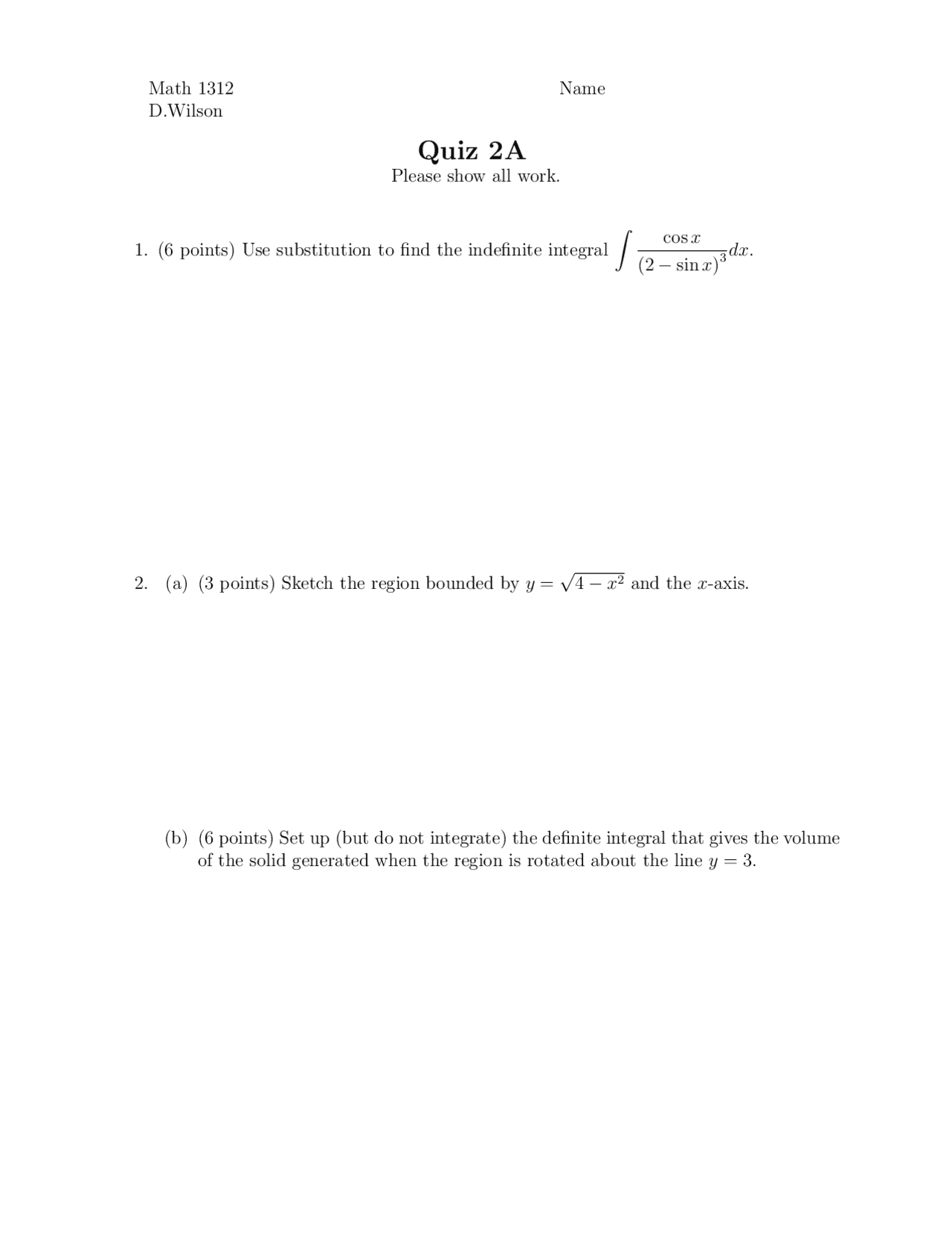 Find Indefinite Integral Quiz 2a Math 1312 Quizzes Calculus Docsity