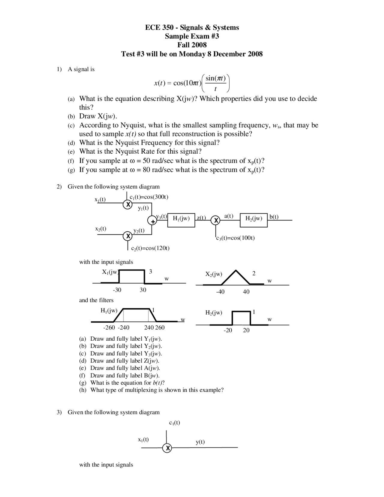 Sample Exam Iii Questions Fall 2008 Signals And Systems Ece 350