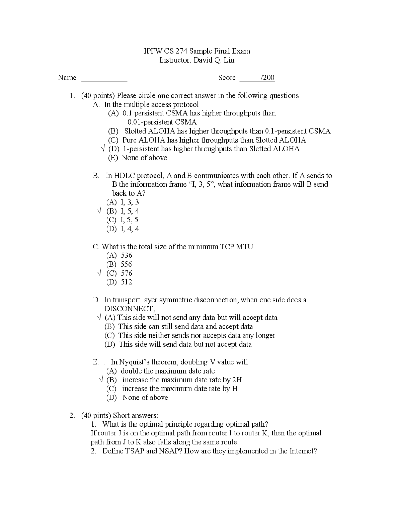 Sample Final Exam Data Communications Cs 274 Docsity