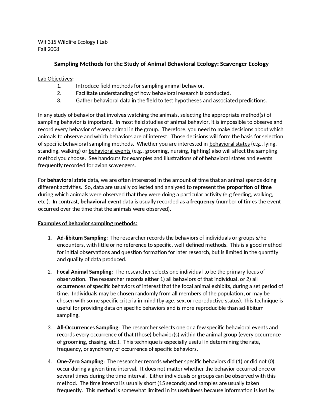 Sampling Method for Study of Animal Behavioral Ecology - Experiment | WLF 315 - Docsity