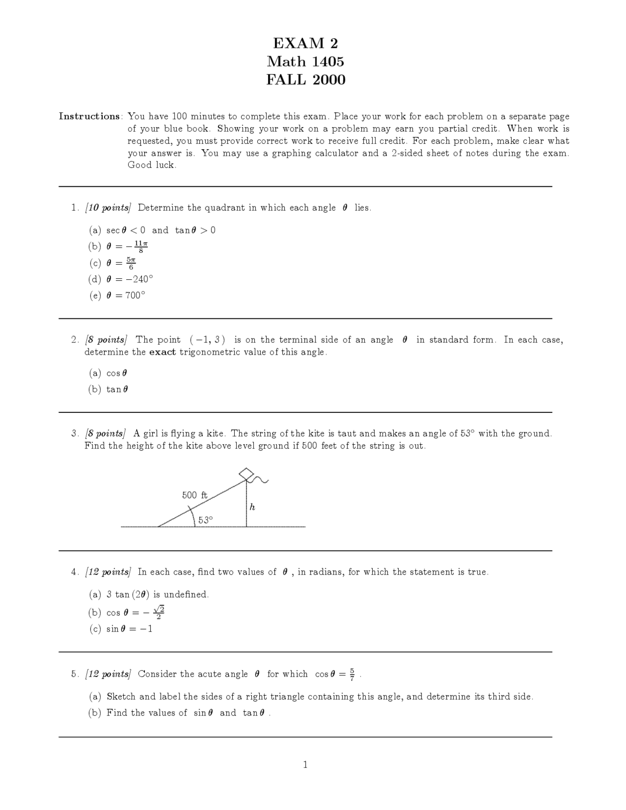 11 Questions Exam #2 - Trigonometry | MATH 1405 | Exams Trigonometry ...
