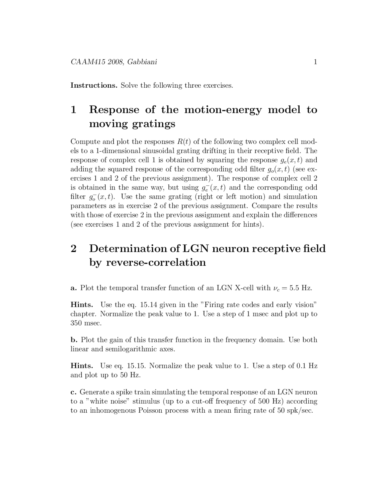 Response of the Motion Energy Model to Moving Gratings | CAAM 415 - Docsity