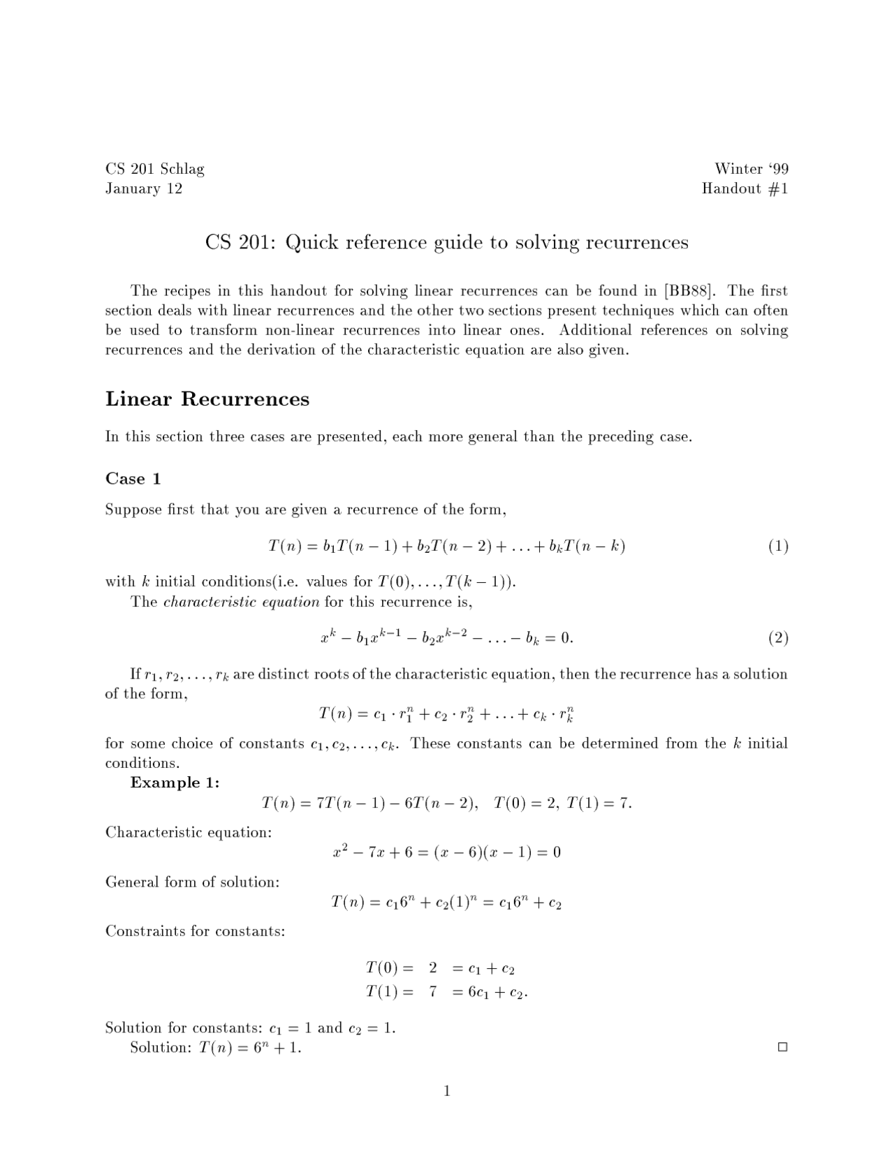 Quick Reference Guide To Solving Recurrences Handout 1 Cmps 201