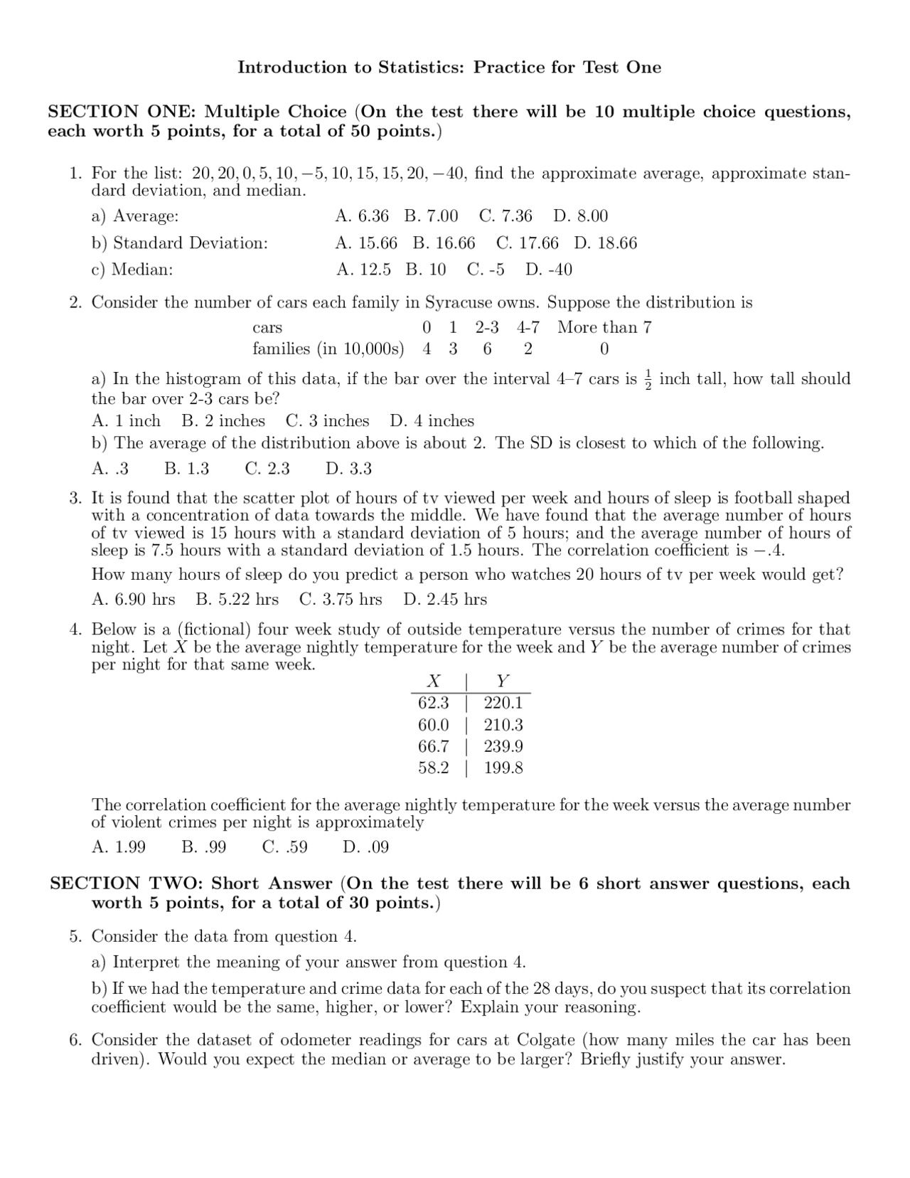 Practice Exam 1 Introduction To Statistics Math 102 Docsity