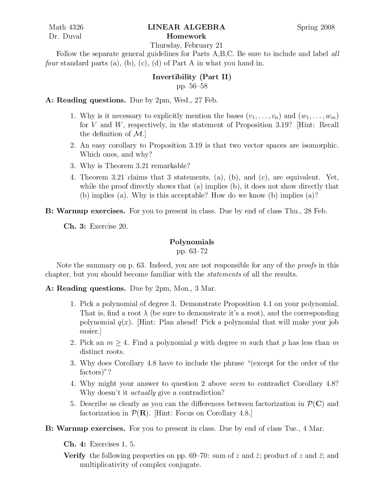 Linear Algebra Homework for Math 4326, Spring 2008 by Dr. Duval ...