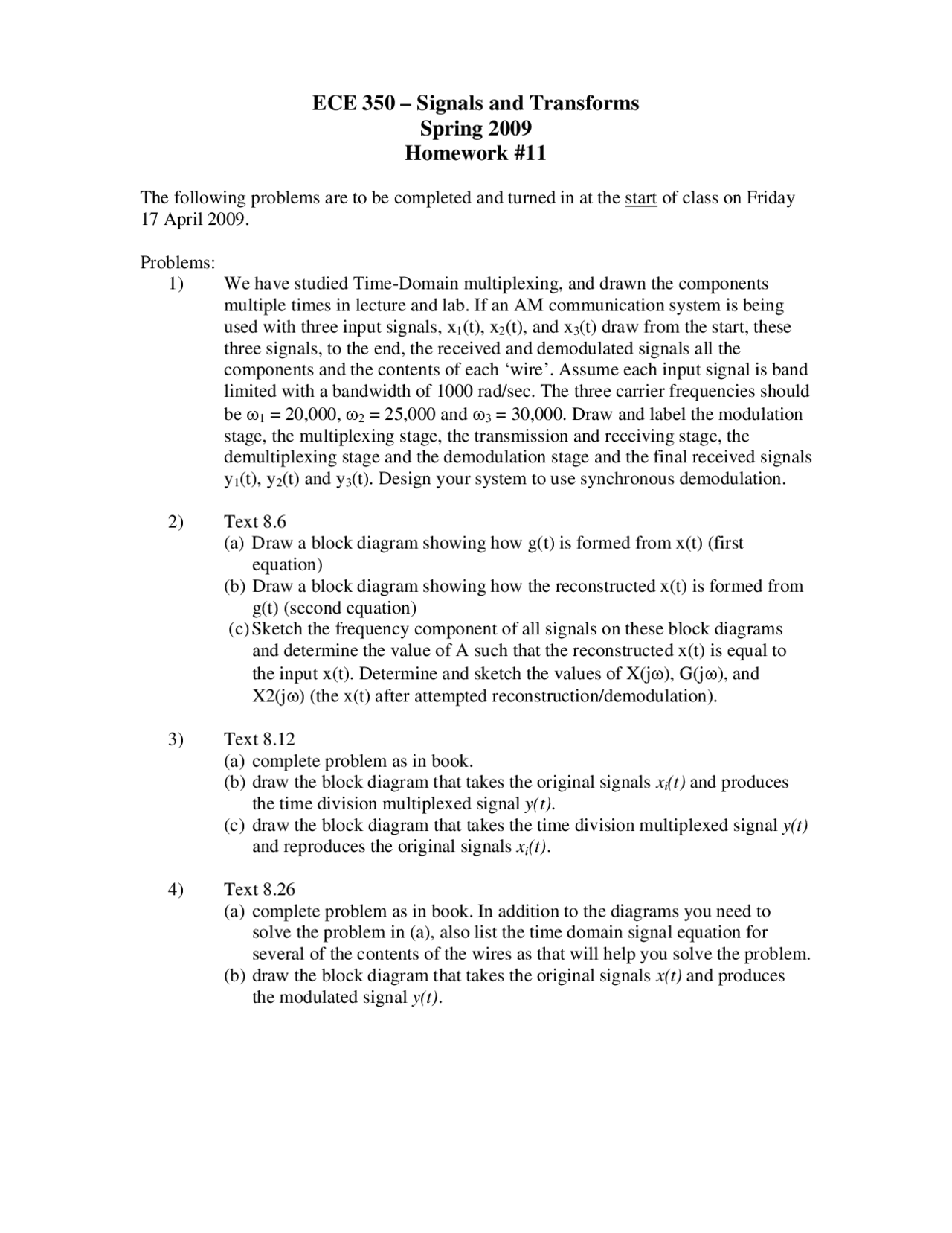Homework 11 - Signals and Systems - Spring 2009 | ECE 350 | Assignments Signals and Systems ...