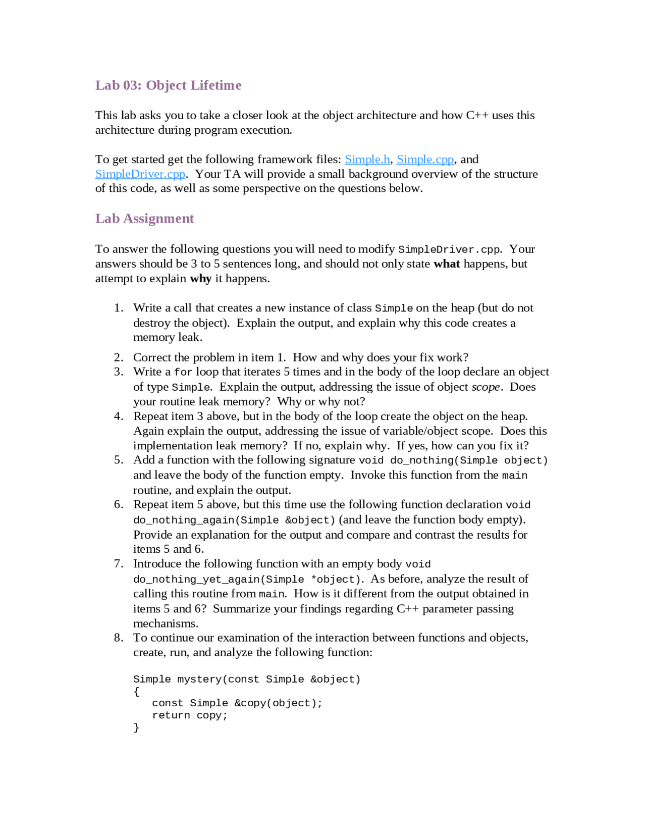 Object Lifetime With Questions On Computer Science Ii Lab 3 Cosc 2030 Docsity 
