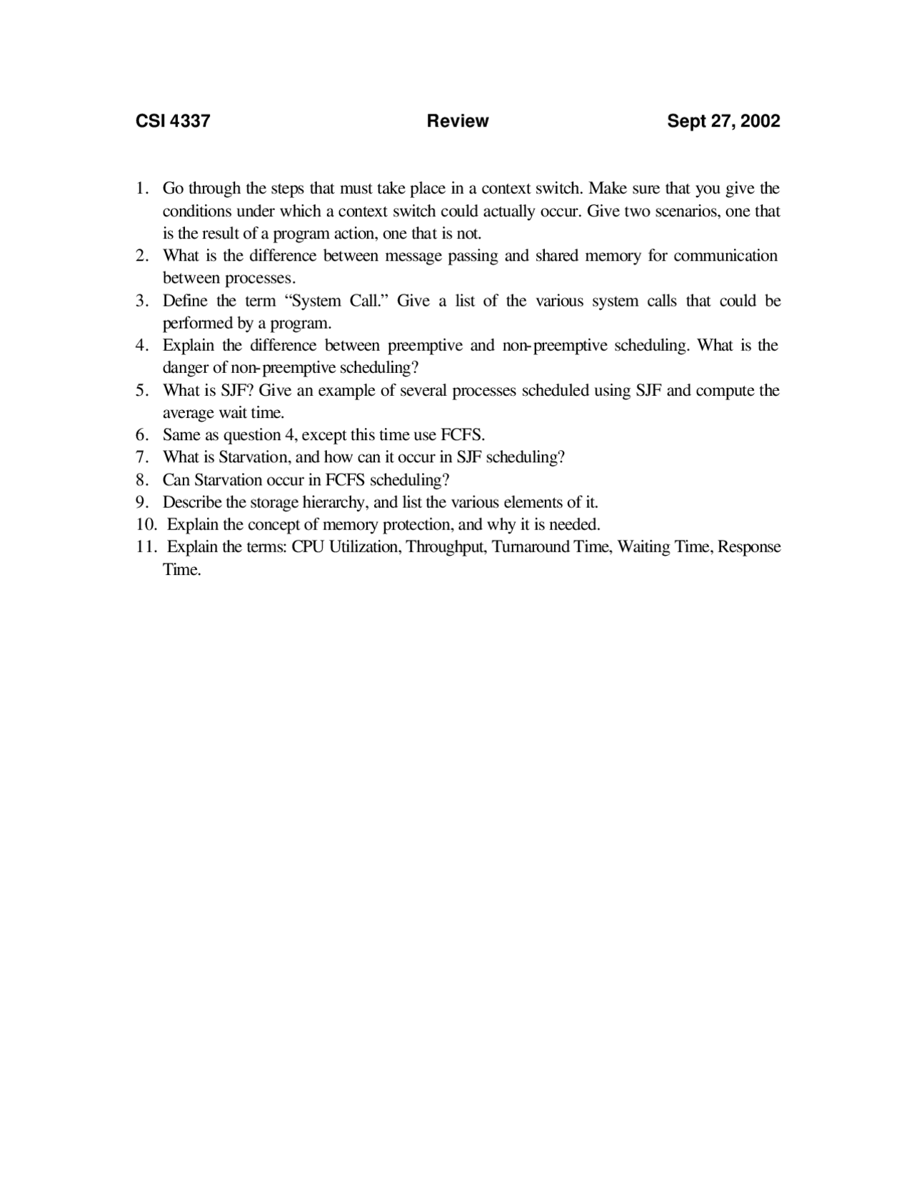 Review Sheet Introduction To Operating Systems Csi 4337 Docsity