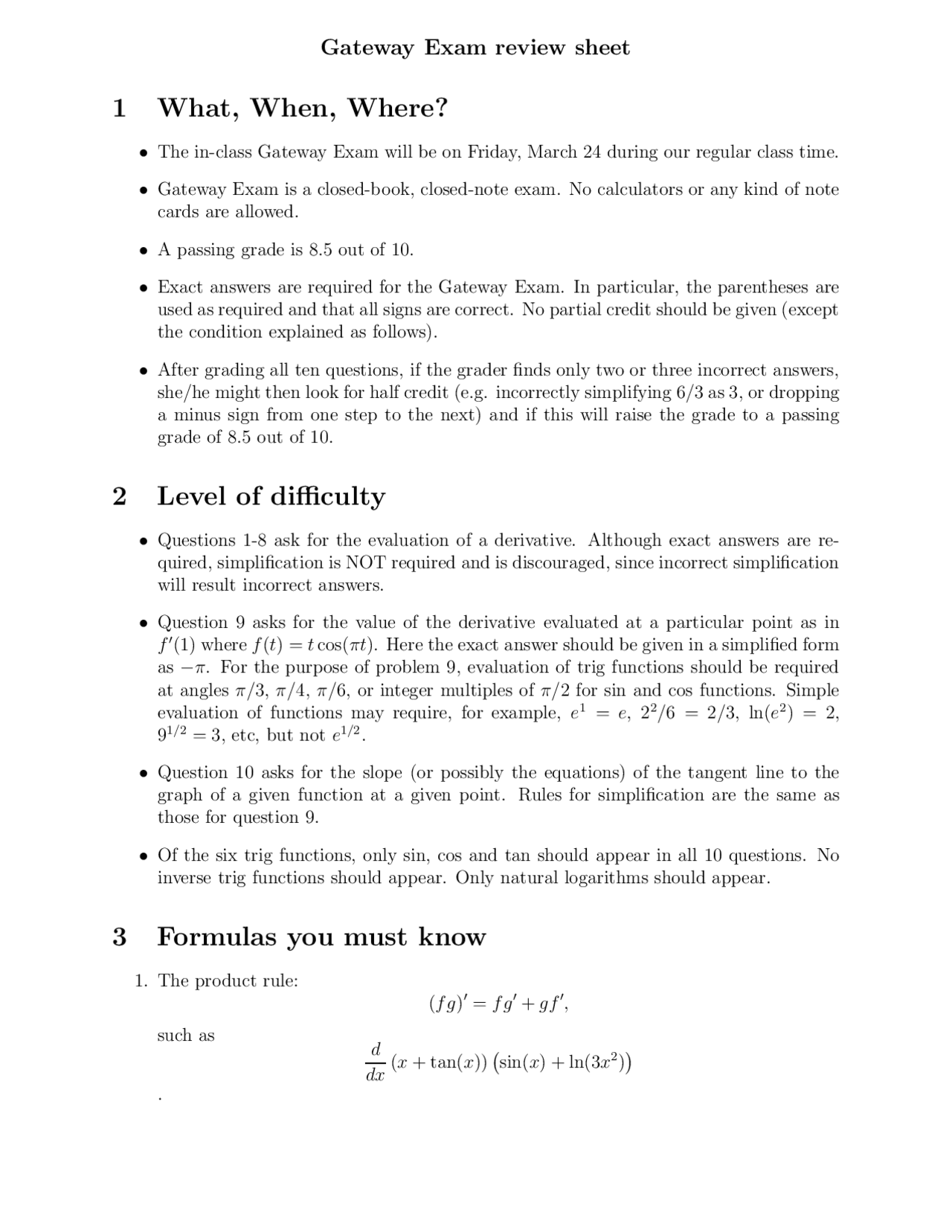 Gateway Exam Review Sheet Calculus I Math 2200 Docsity