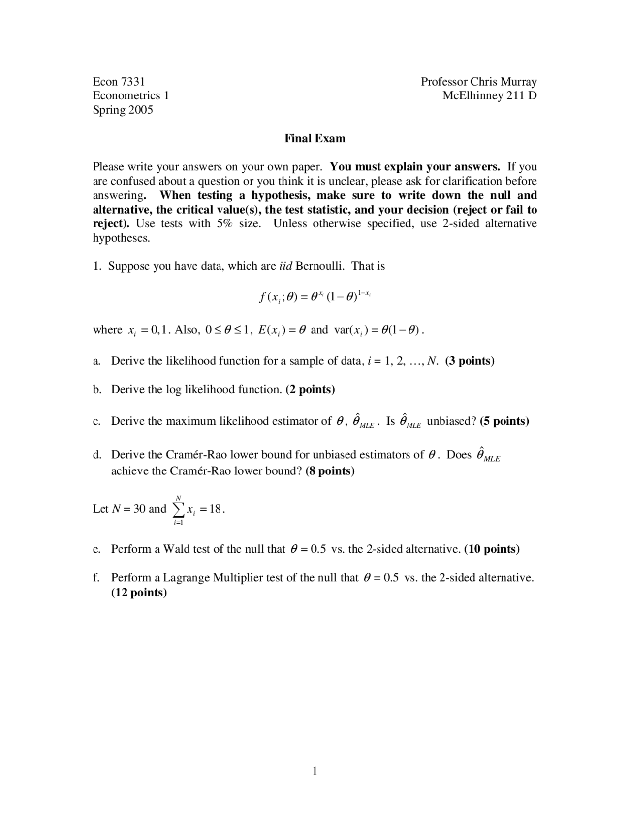 Sample Questions For Final Exam Econometrics I Econ 7331 Docsity
