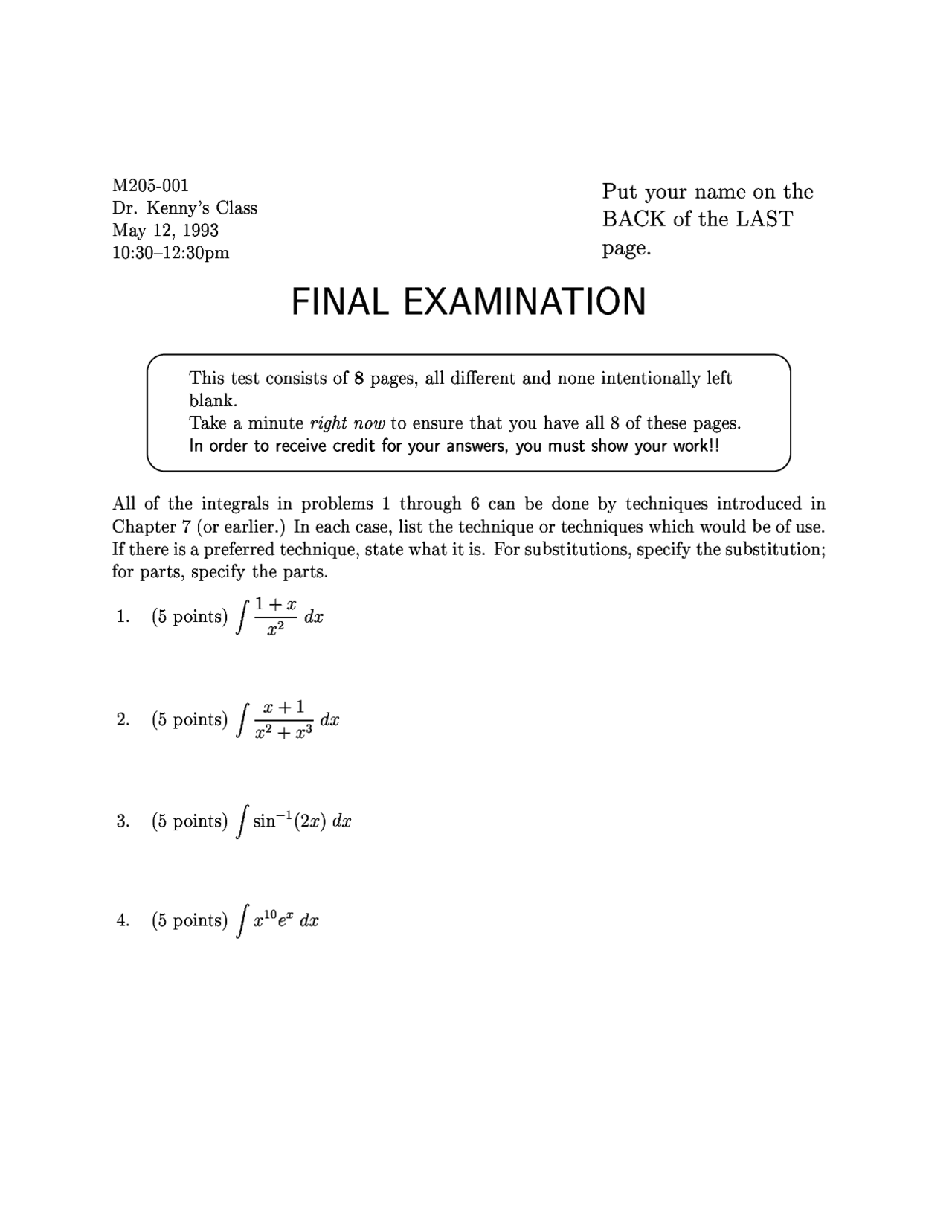 Past Final Examination - Calculus II - Fall 1993 | MATH 175 | Exams Calculus | Docsity