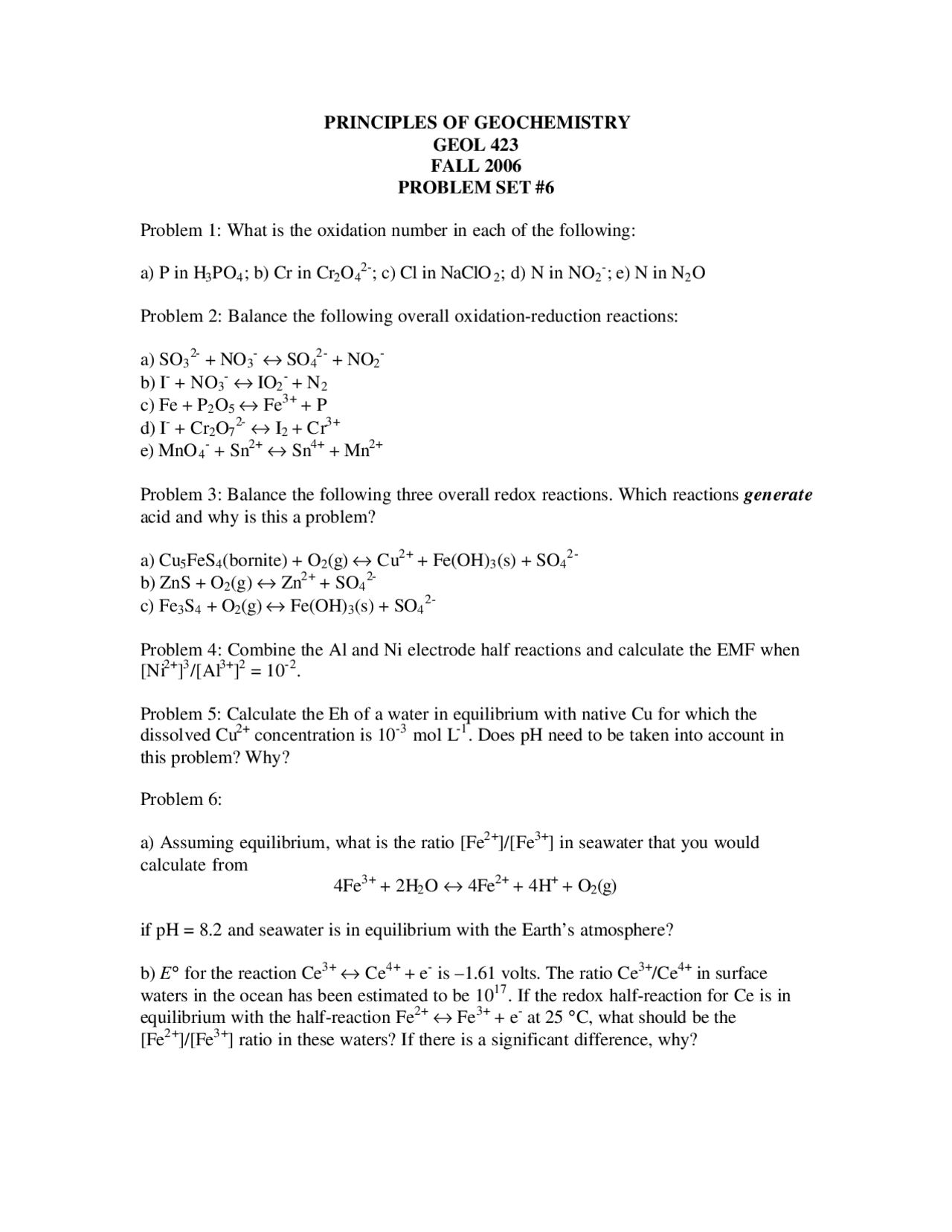 Problem Set 6 Principles Of Geochemistry Geol 423 Docsity